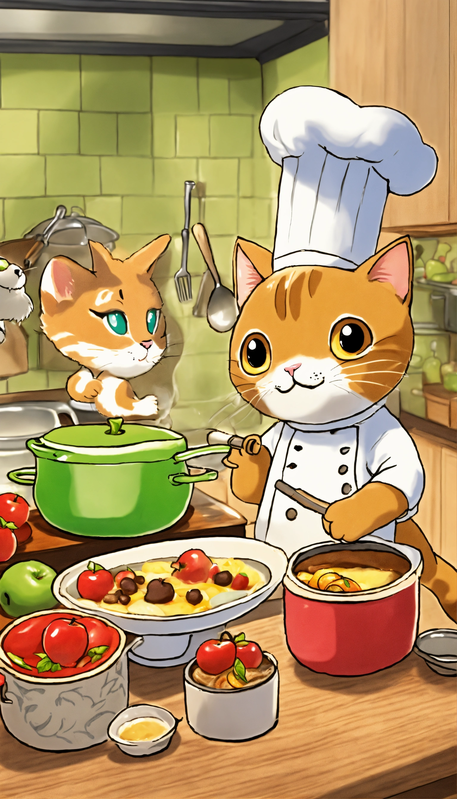 Lexica - Cartoon of apple and tama cat cook together