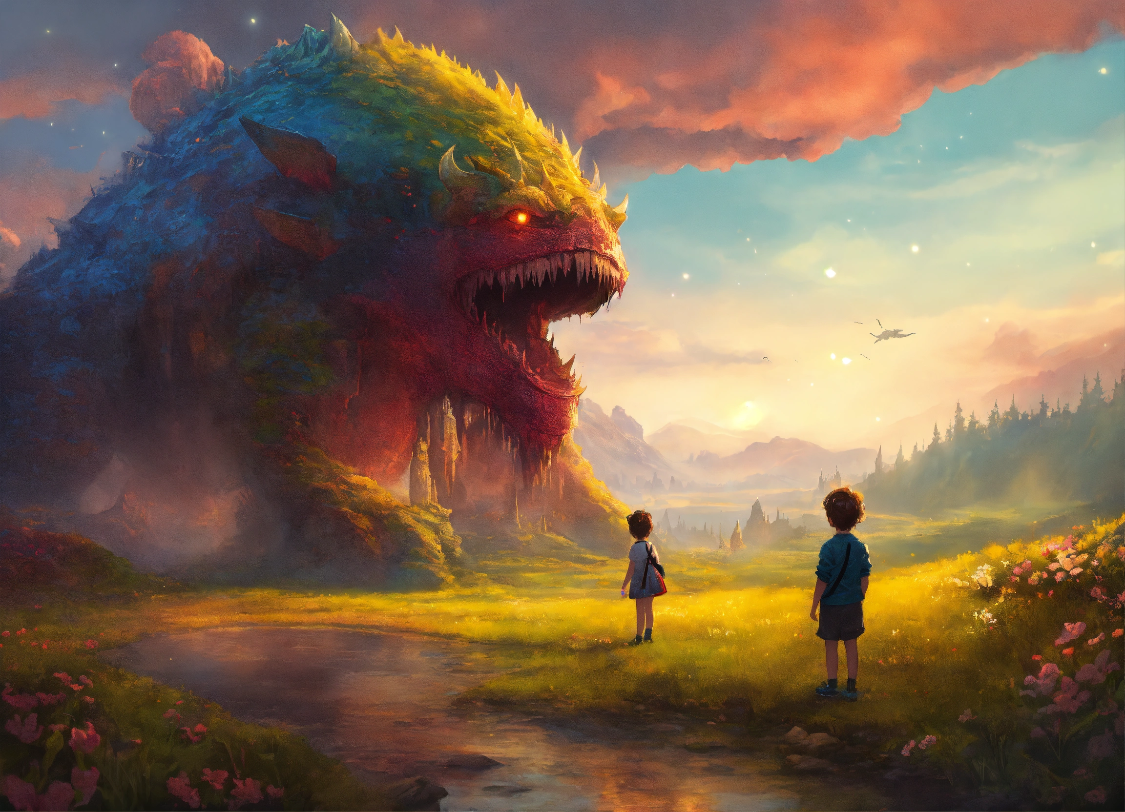 Lexica - Paysage de fantasy avec une créature monstrueuse qui rencontre ...