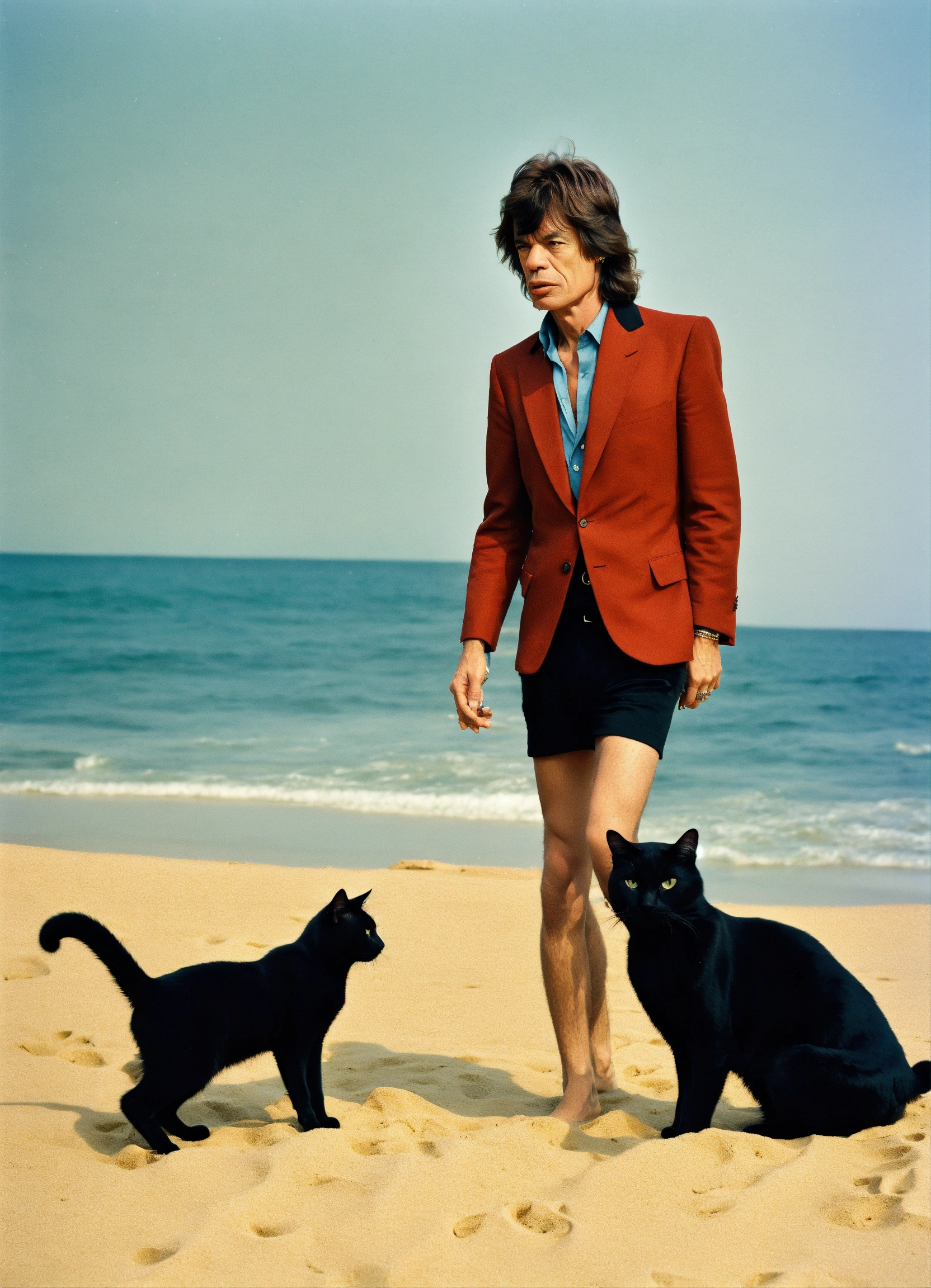 Lexica - Mick Jagger on the beach with black cat