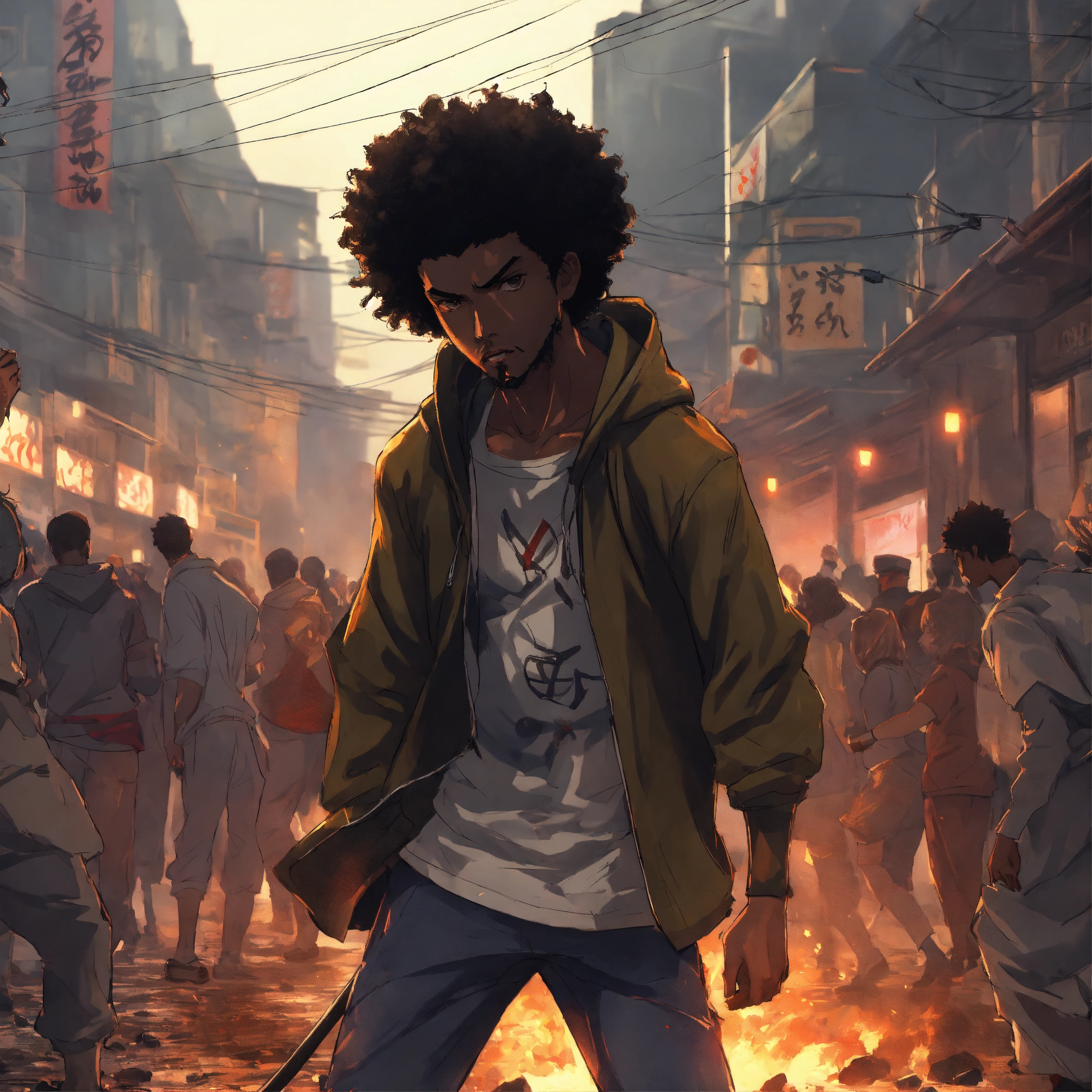 Lexica - Afro samurai anime, anime guy in hoodie throwing rocks behind ...