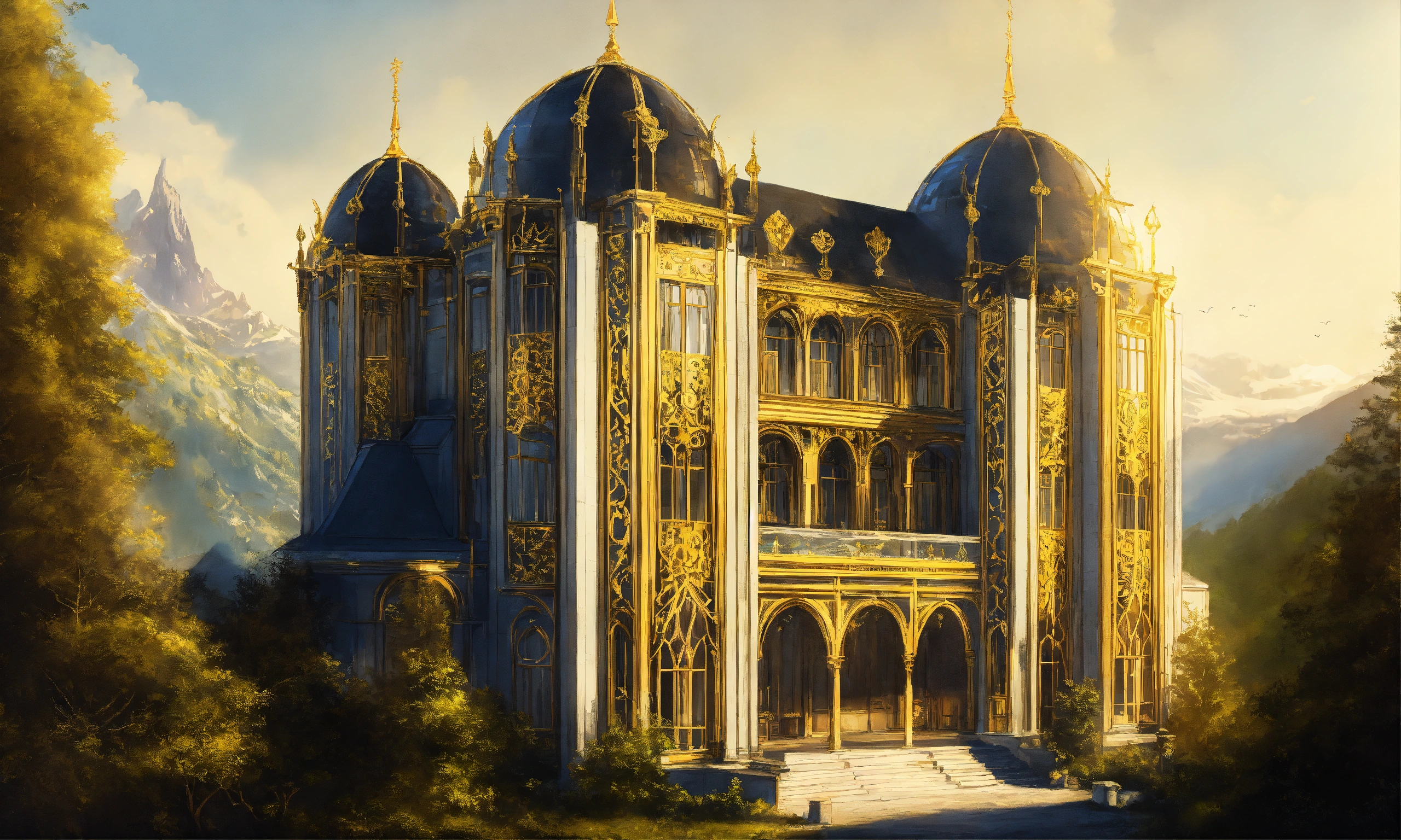 Lexica - Drawing of the full image of a massive black and gold elegant ...