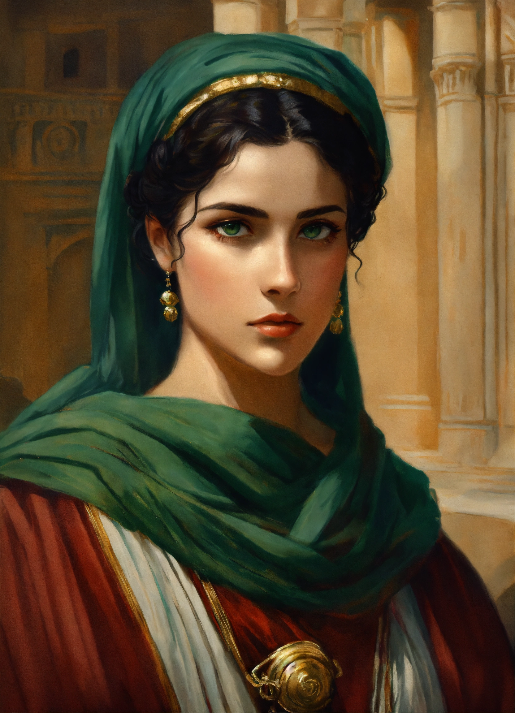 Lexica - A roman woman with dark hair and dark green eyes, hair in bun ...