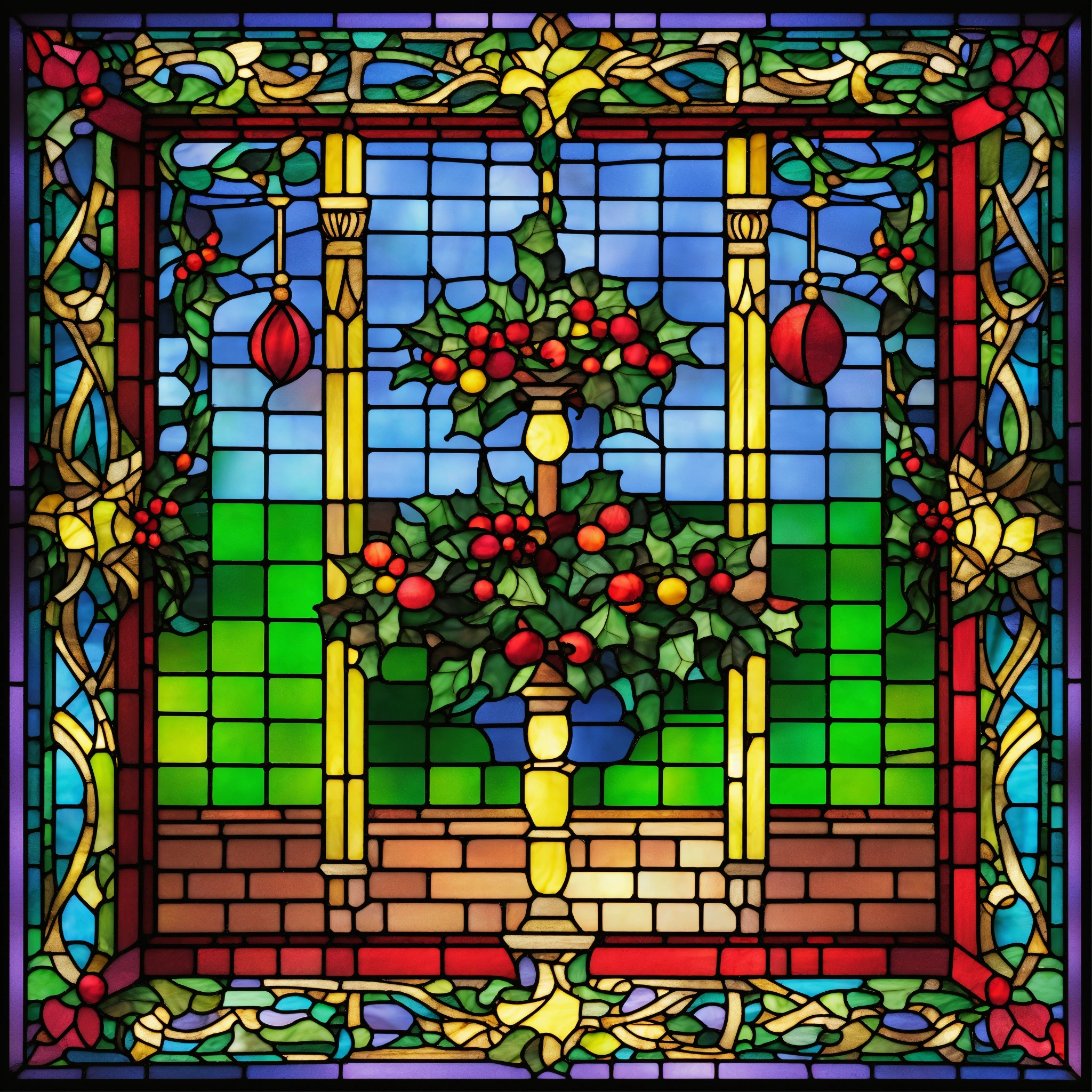 Lexica - Christmas garland ornaments on house stained glass, symmetrical