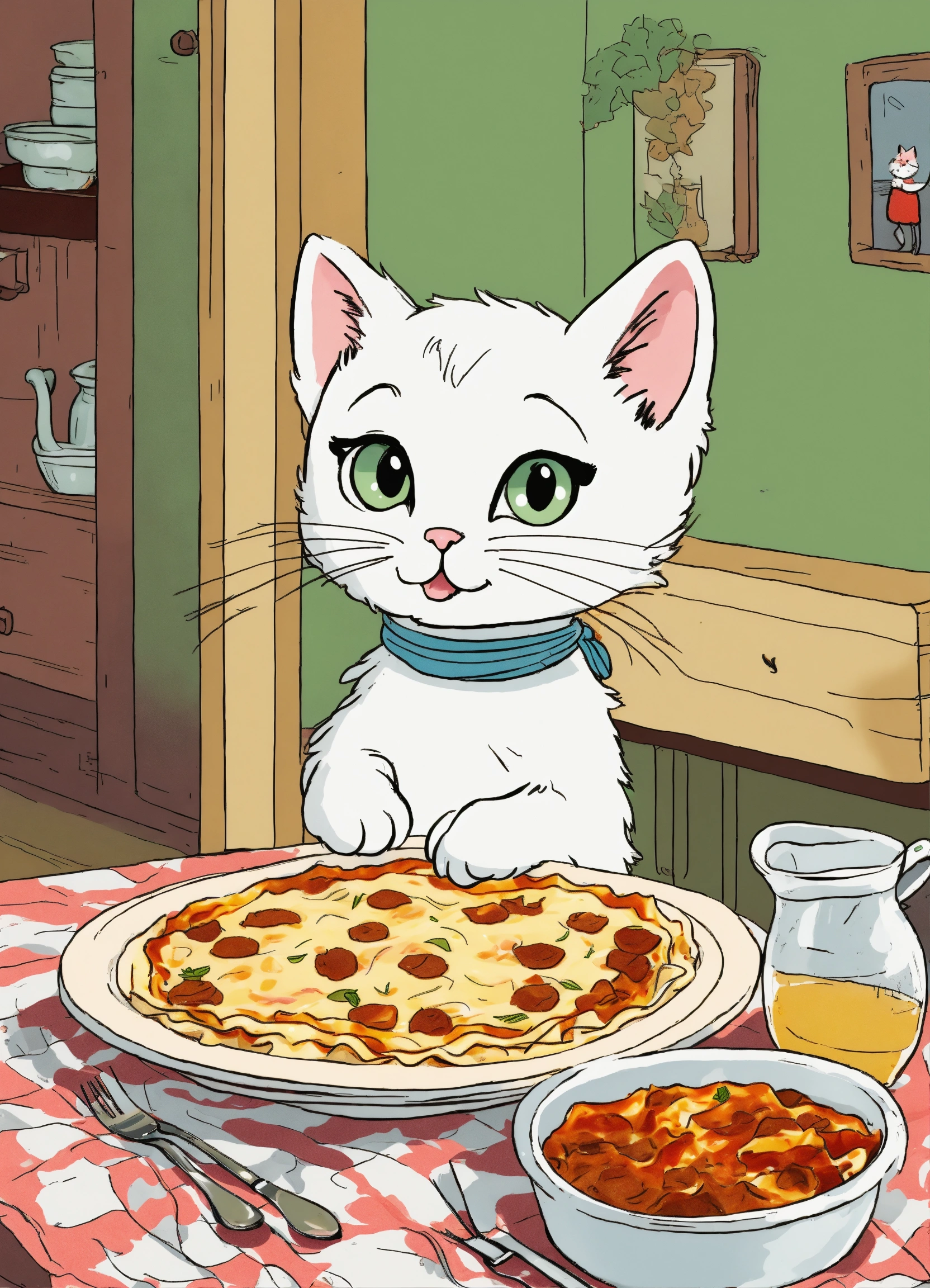 Lexica - A cute ADORABLE white LITTLE cat WITH BIG EYES, eating messy ...