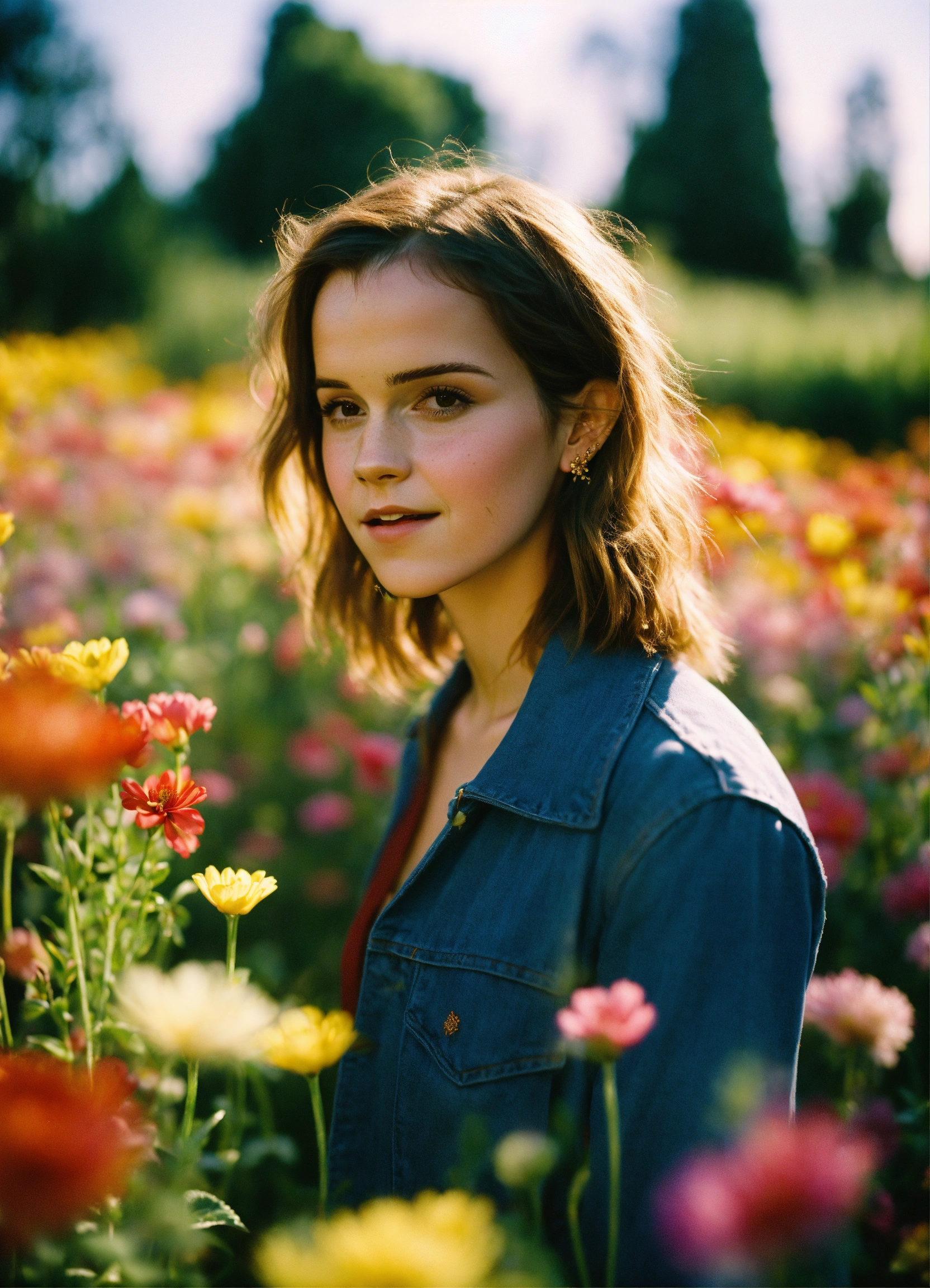 Lexica - Happy Emma Watson standing in a beautiful field of flowers ...