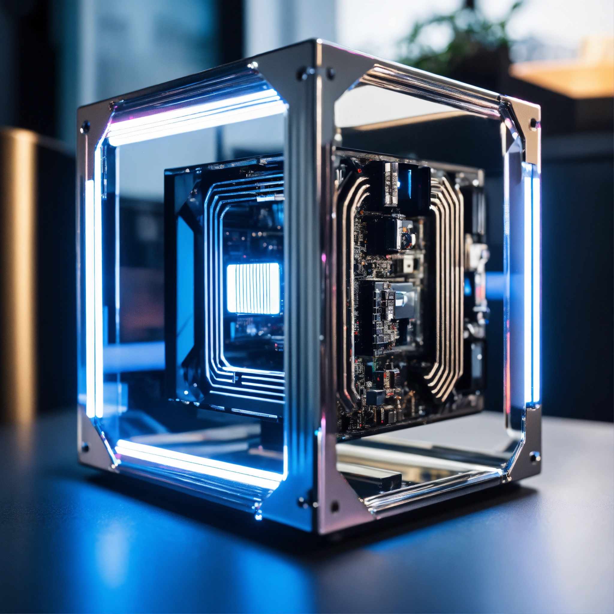 Lexica - Create a minimalistic reflective tech cube in metallic silver.