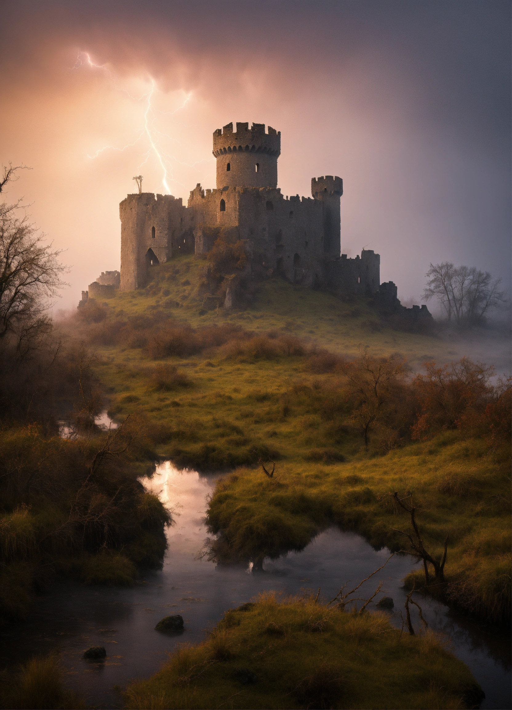 Lexica - Ruin of a stone castle in the middle of a foggy barren swamp ...