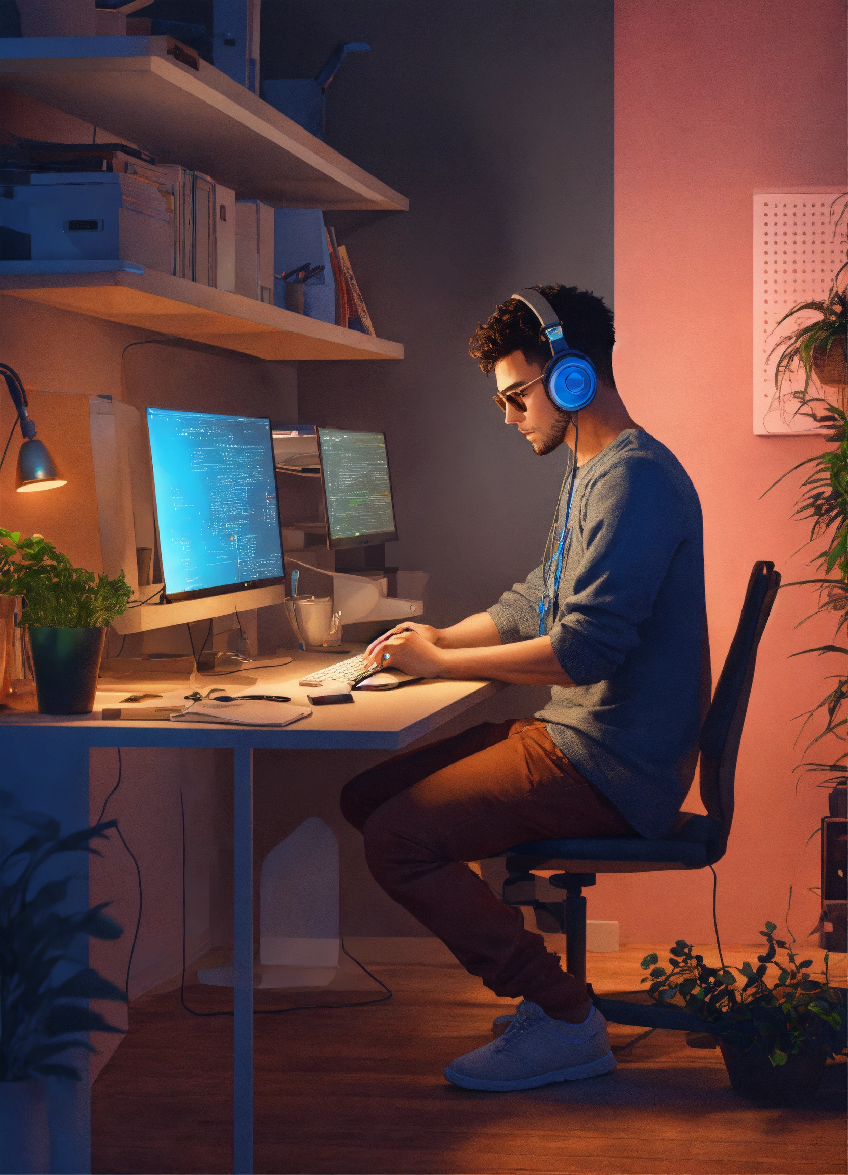 Lexica - Men in his 20s coding on his computer,3d, realistic.