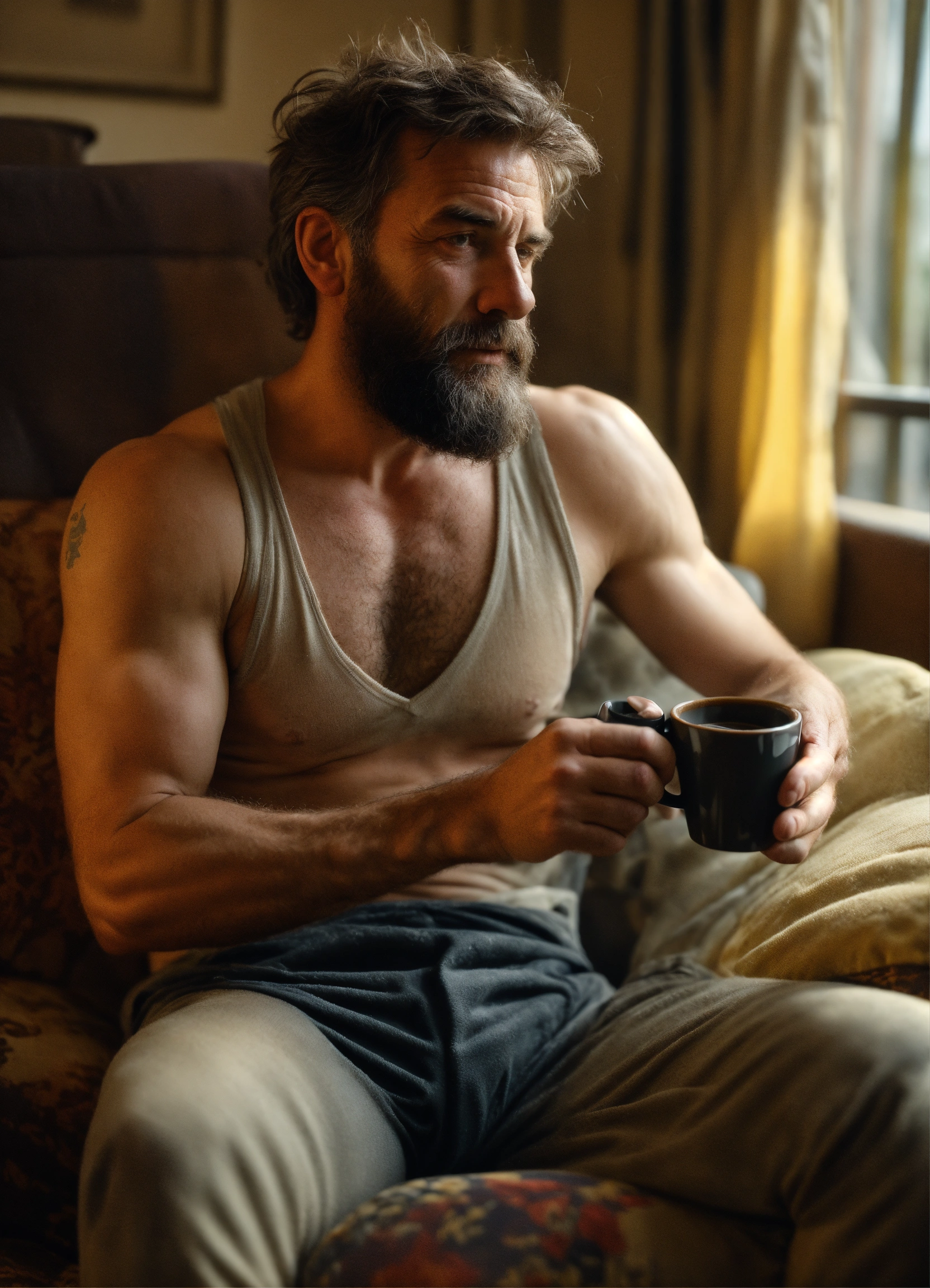 Lexica - Scruffy British man, wearing transparent old trunks and old ...