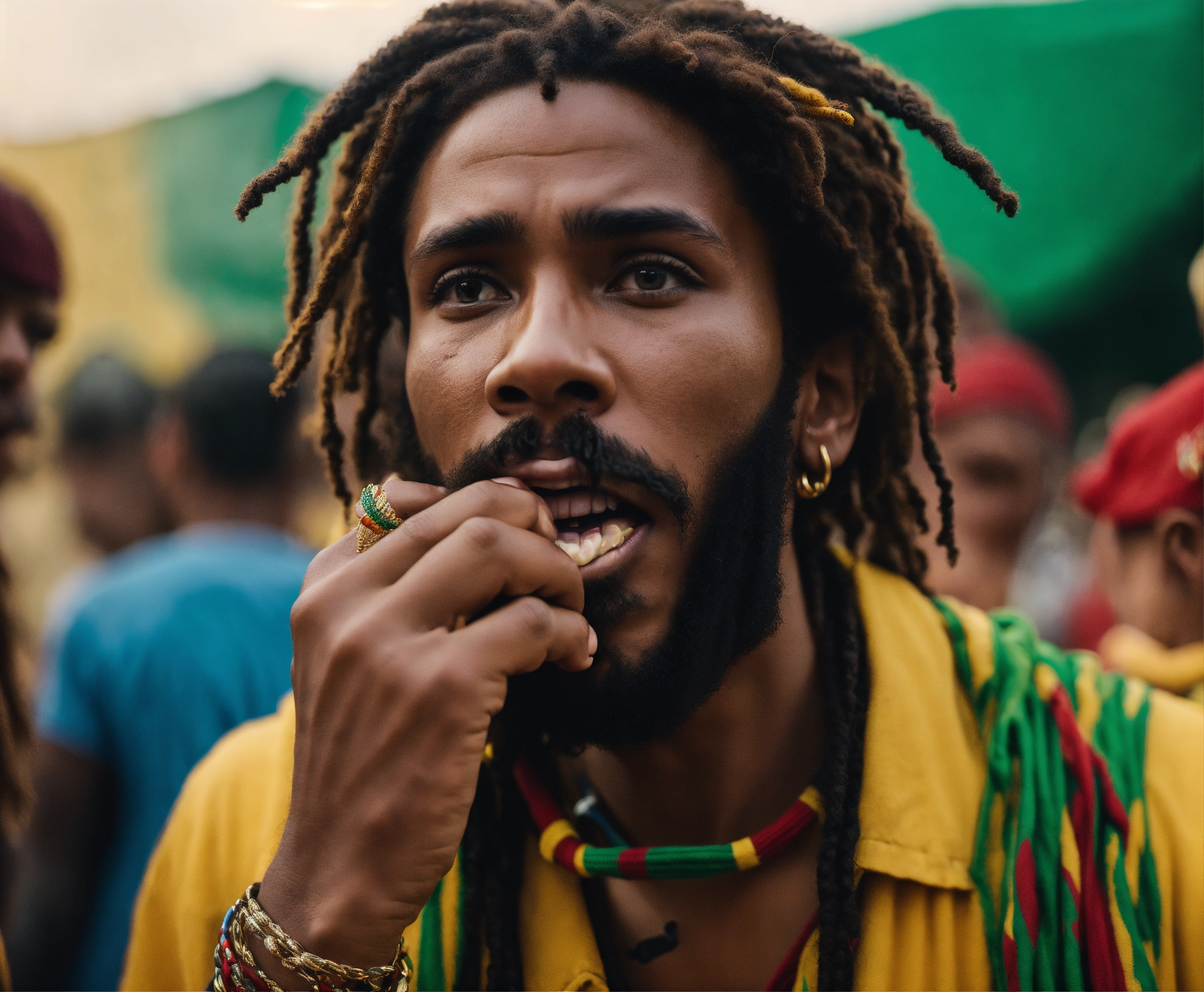 Lexica - Rastafarian with hands-on jaw grip with fear, crowd in the ...