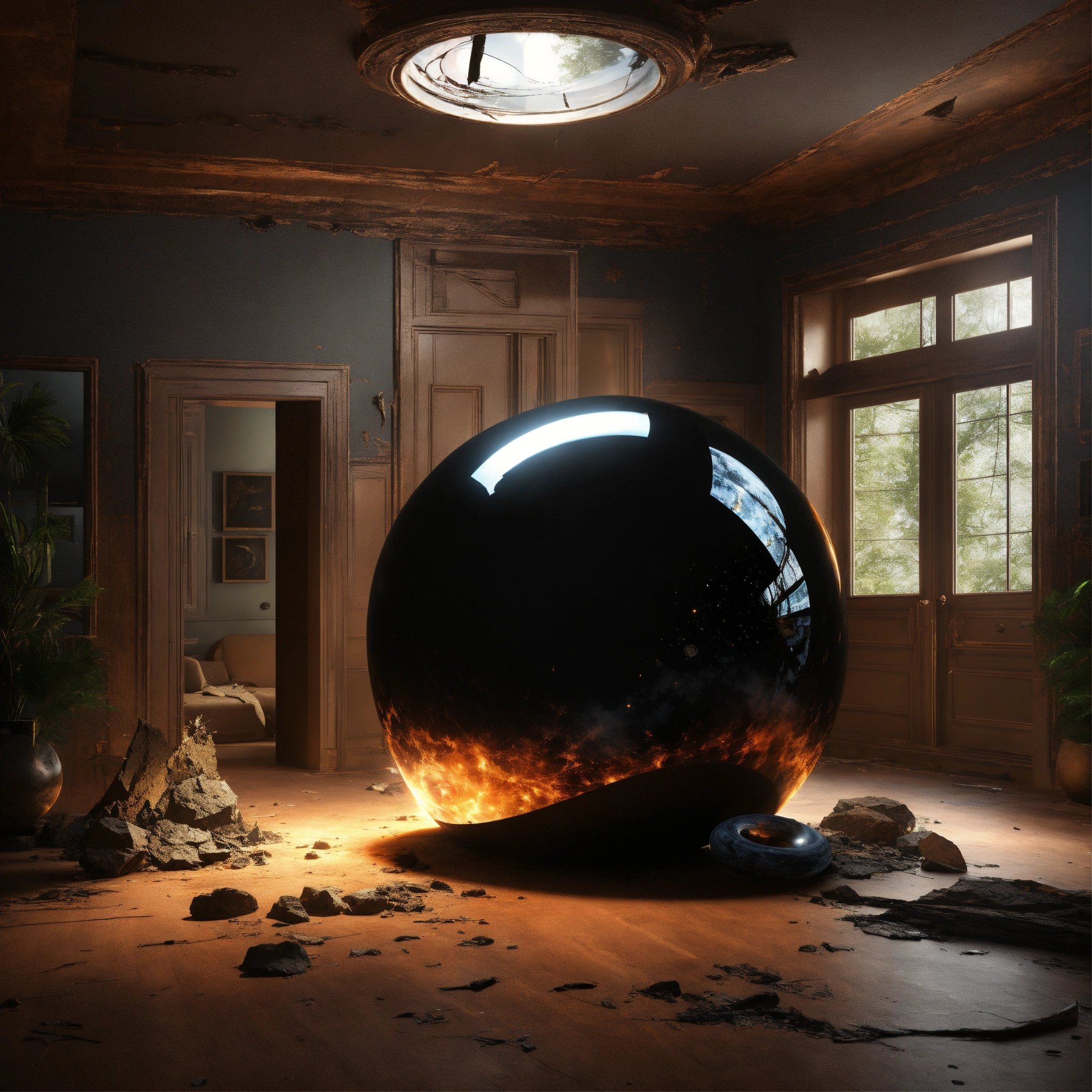Lexica - 3d Digital art Black hole holding strange alien object orb ...