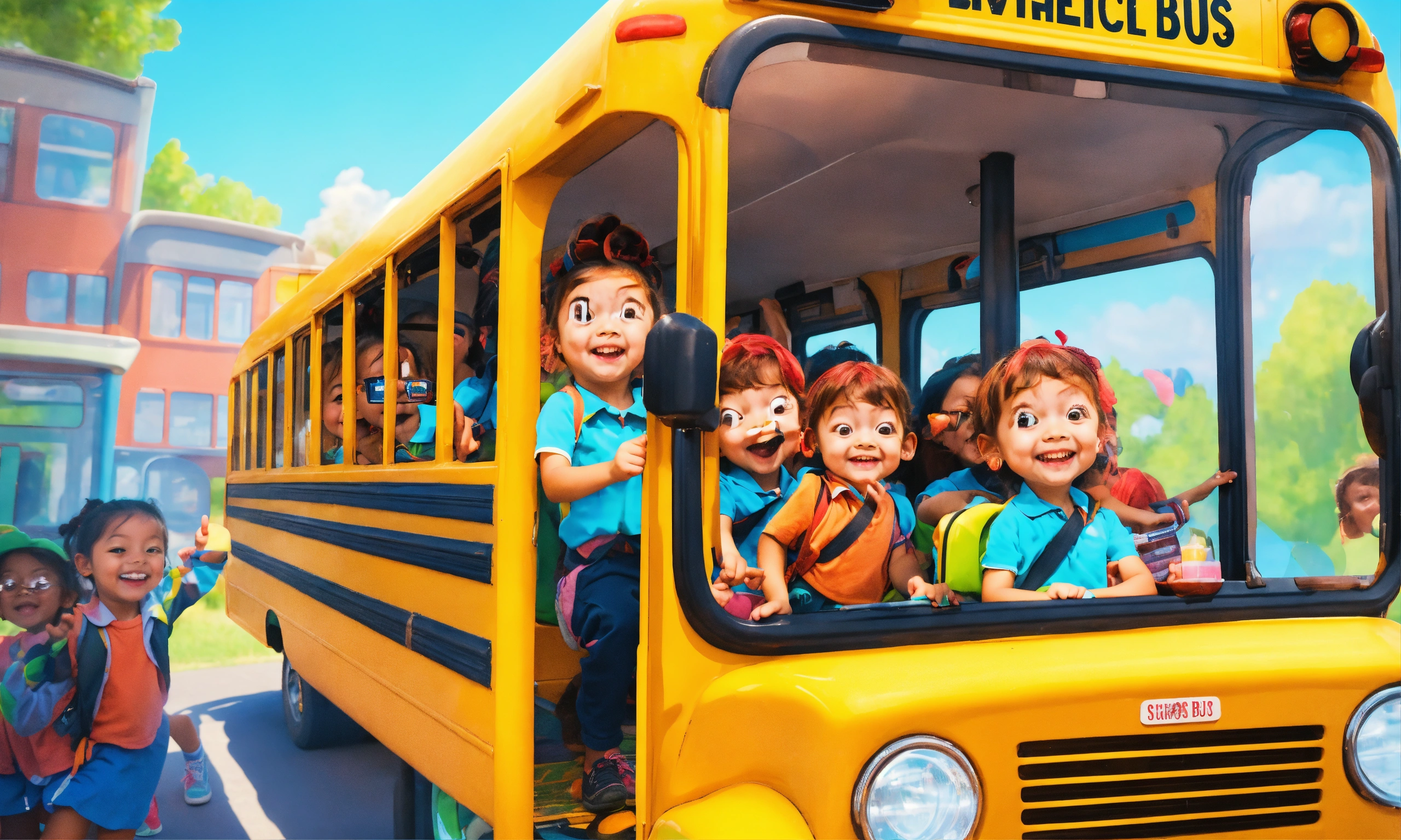 Lexica - "Create a vibrant and playful image of a school bus filled ...