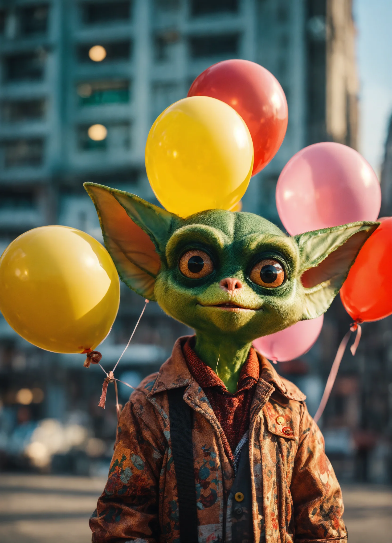 Lexica - Medium close-up, Leica portrait of a gremlin holding balloons ...