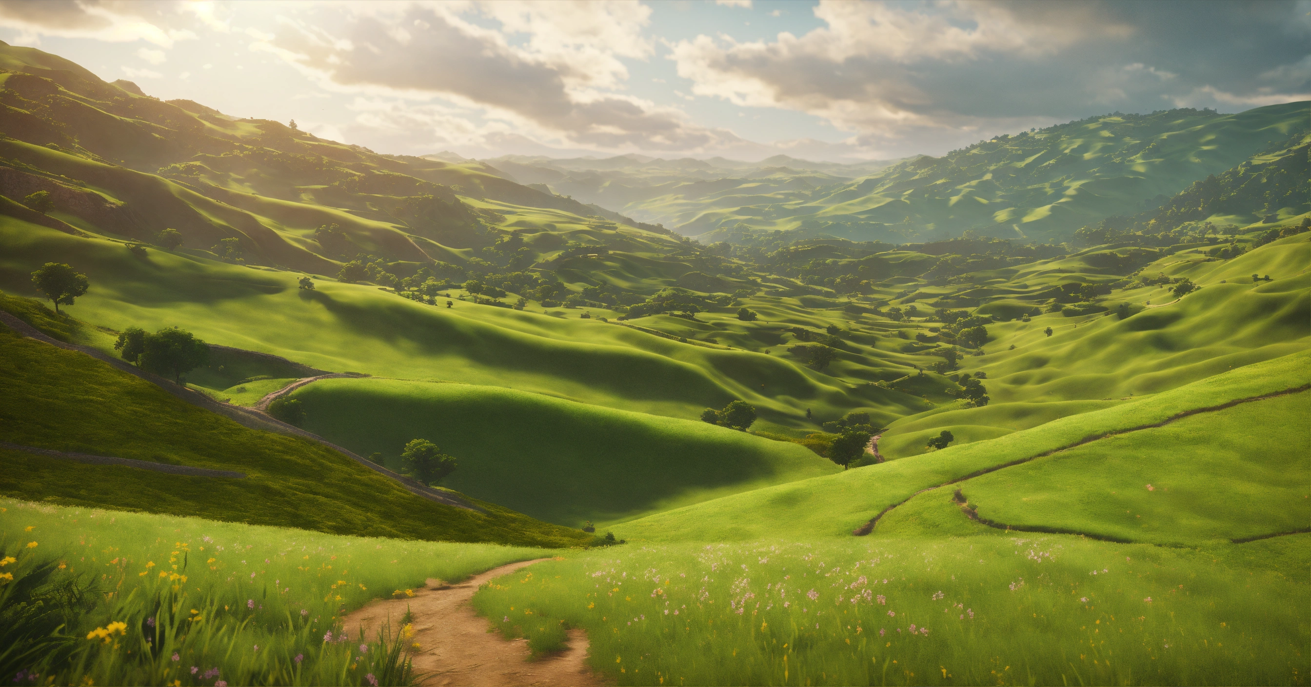 Lexica - Long shot of an epic landscape in summer with green rolling ...