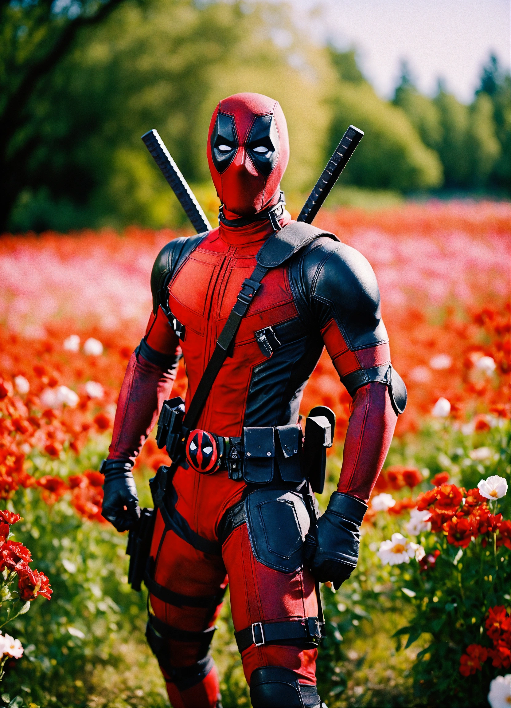 Lexica - Happy Deadpool standing in a beautiful field of flowers ...