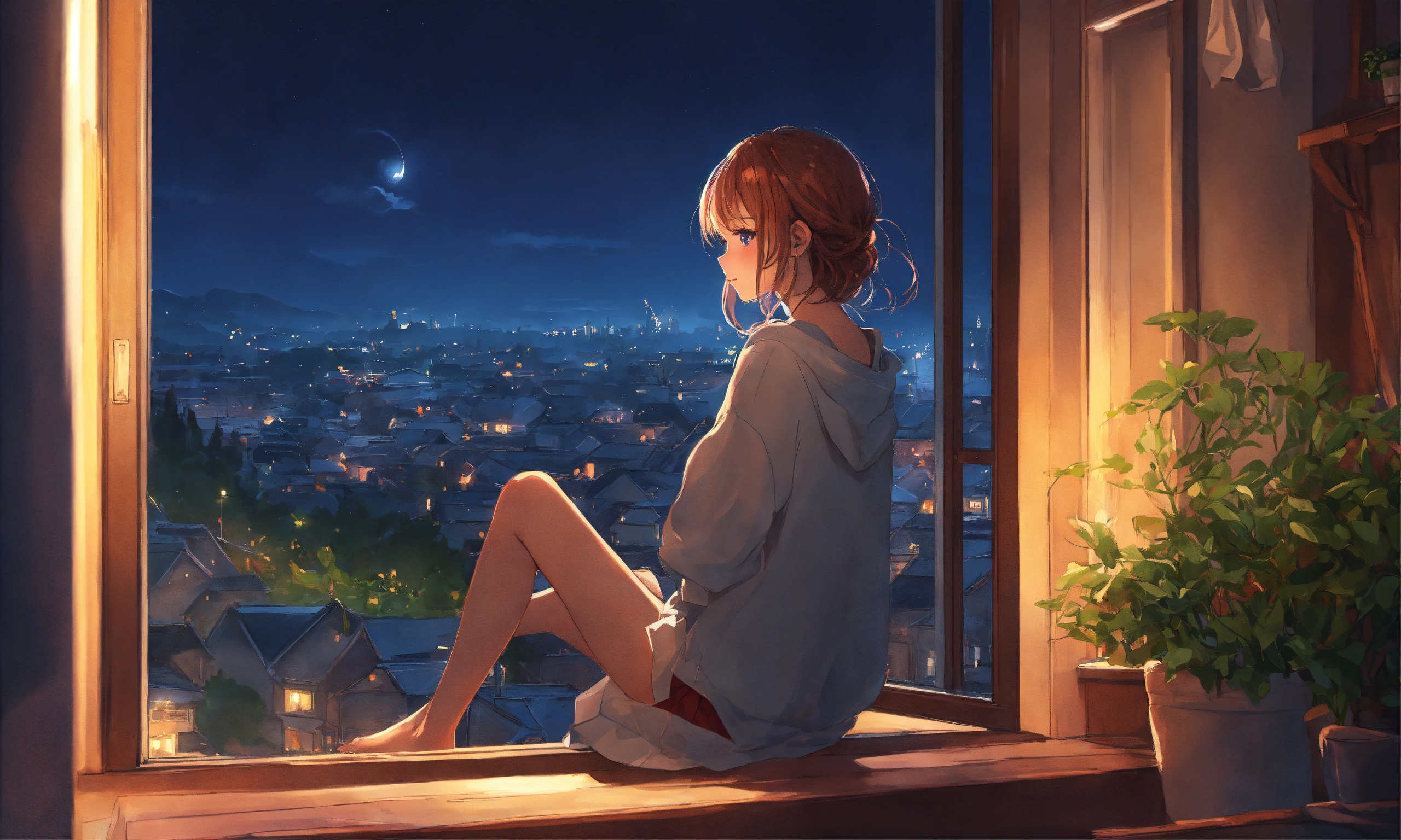 Lexica - A cute anime lofi girl looking out her window at home during ...