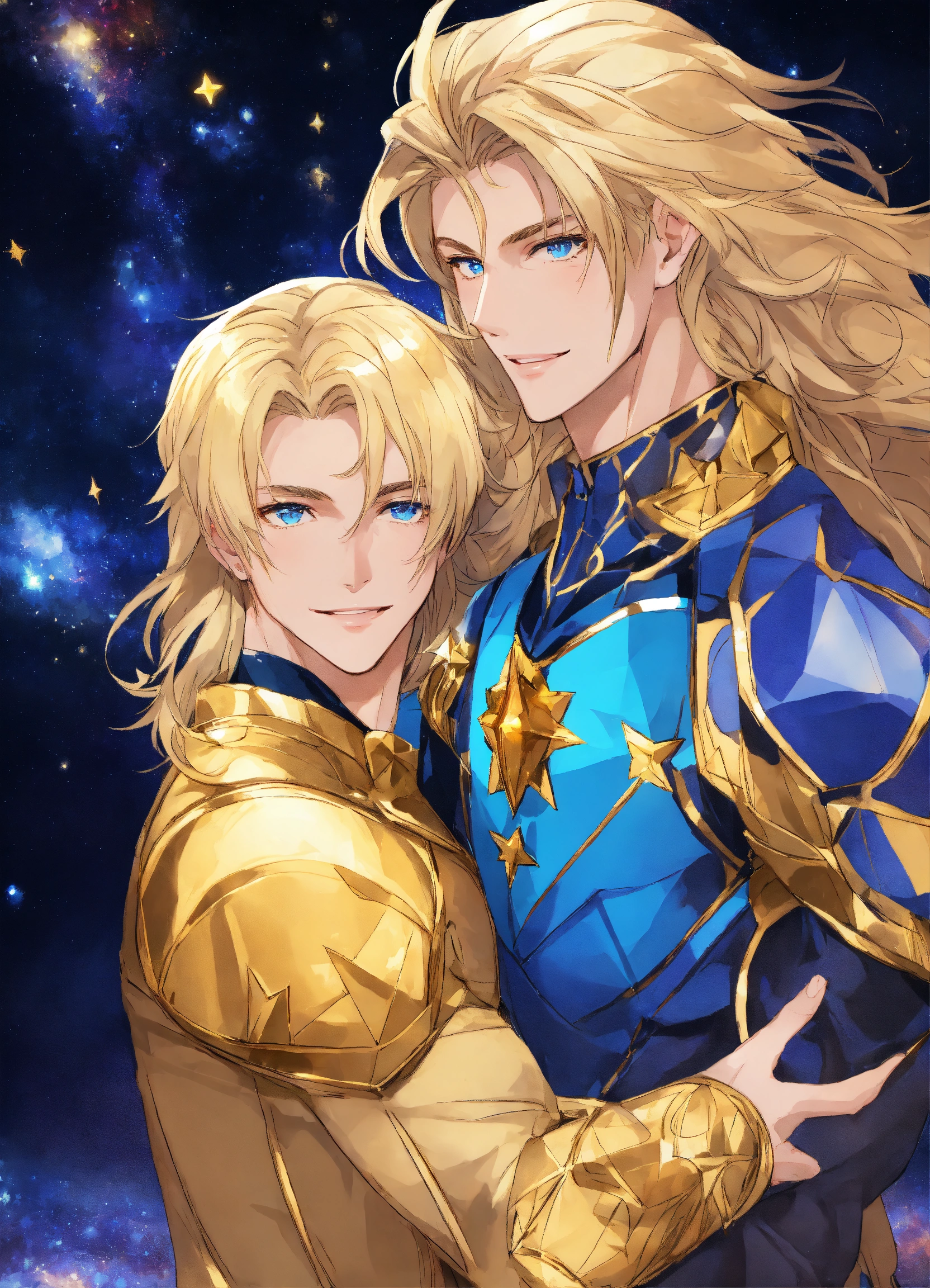 Lexica - Beautiful faces cosmic men long blond hair, smiling, blue and ...