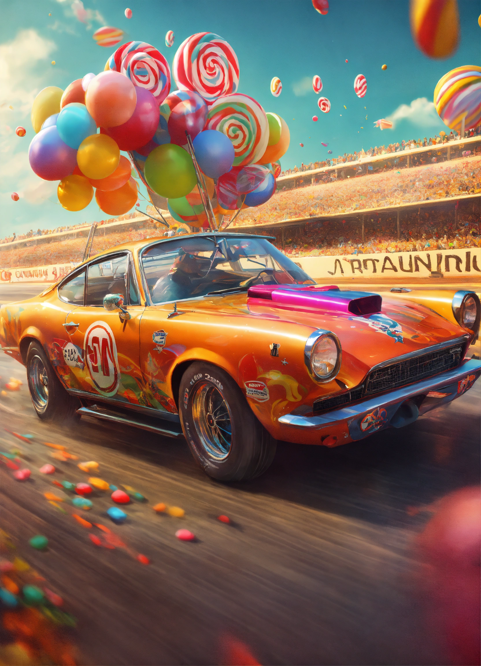 Lexica - A happy granny in a vintage drag racing car speeding down the ...