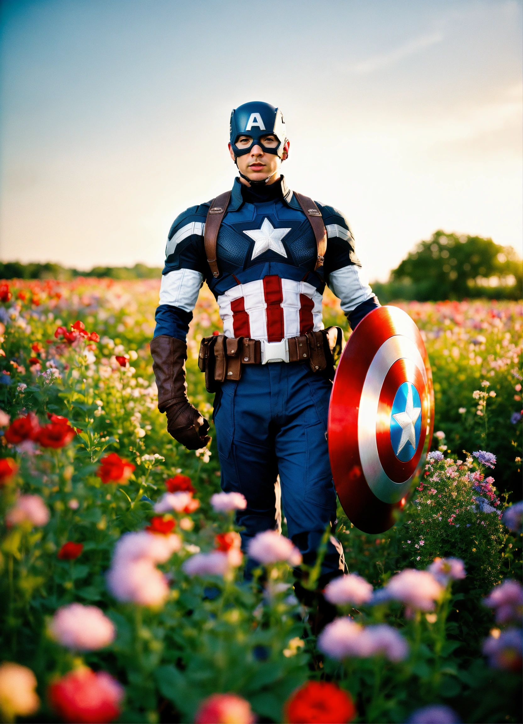 Lexica - Happy captain America standing in a beautiful field of flowers ...