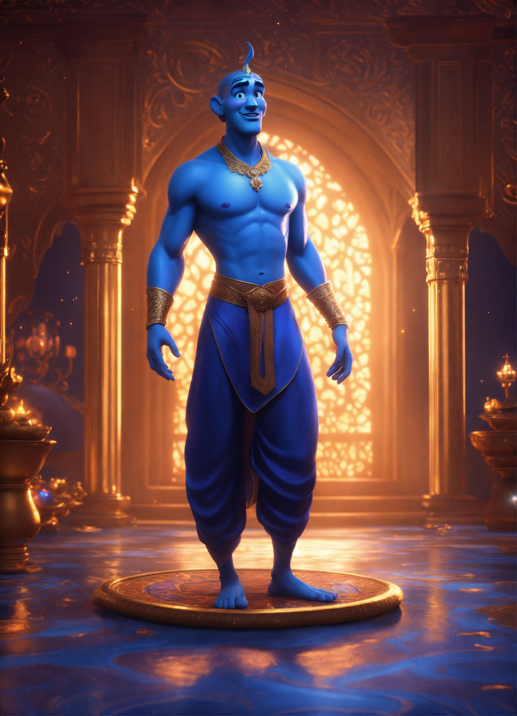 Lexica - Create a 3D rendering of a magical blue Arabian male genie ...