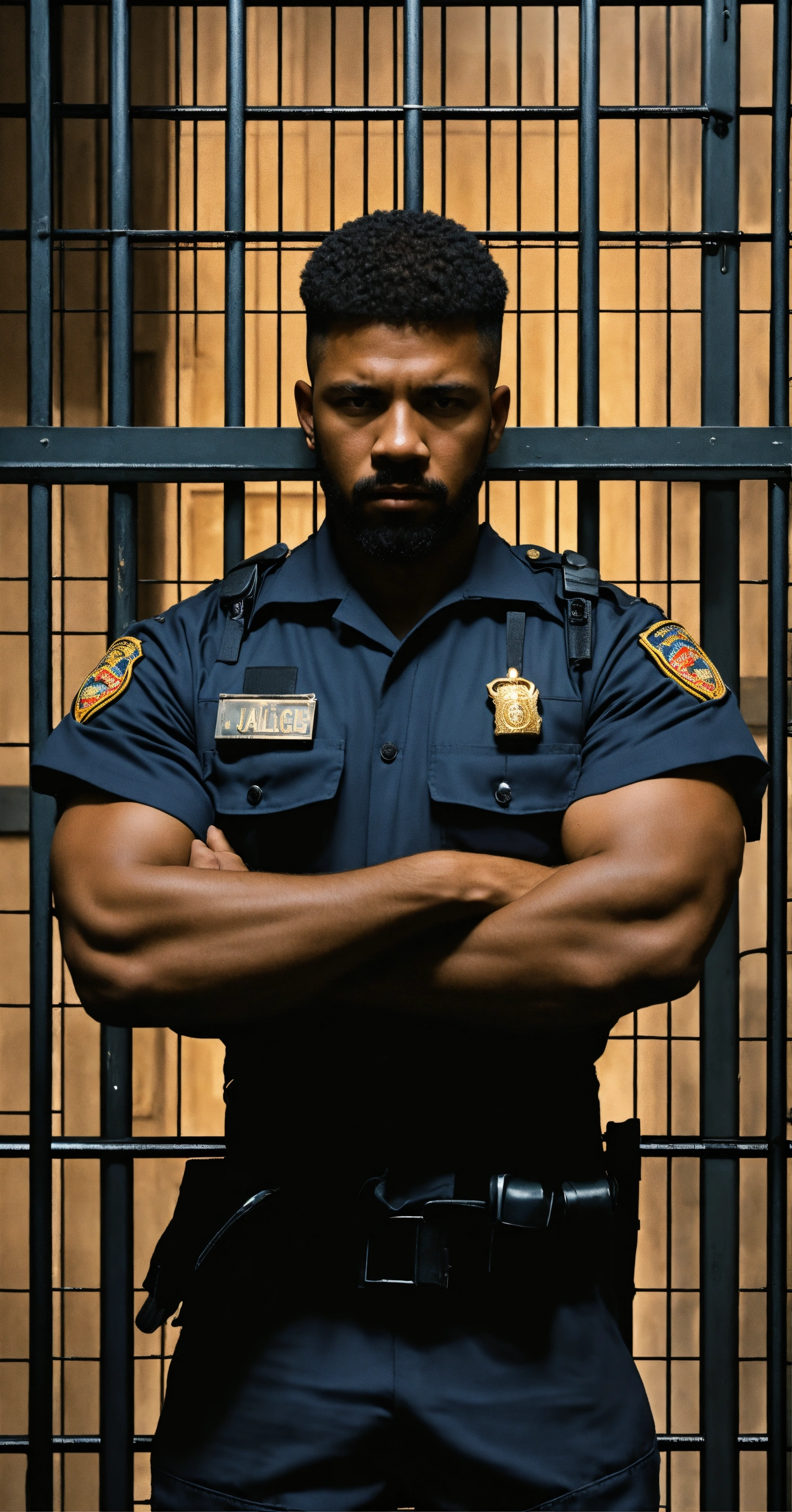 Lexica - Jail guard,standing with crossed arms,cell with bars in the ...