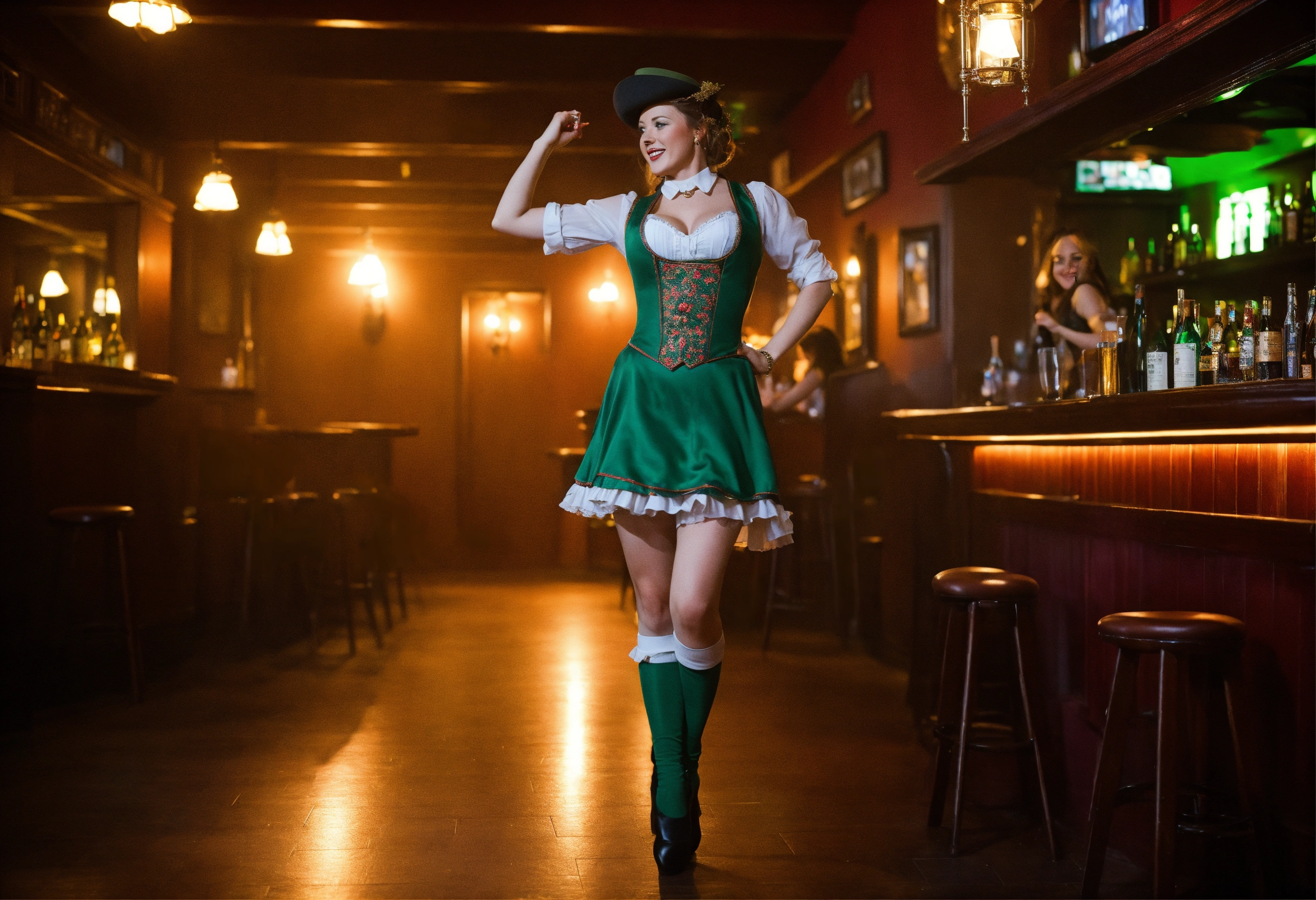Lexica - An irish female in corsett dancing in a bar, full body view