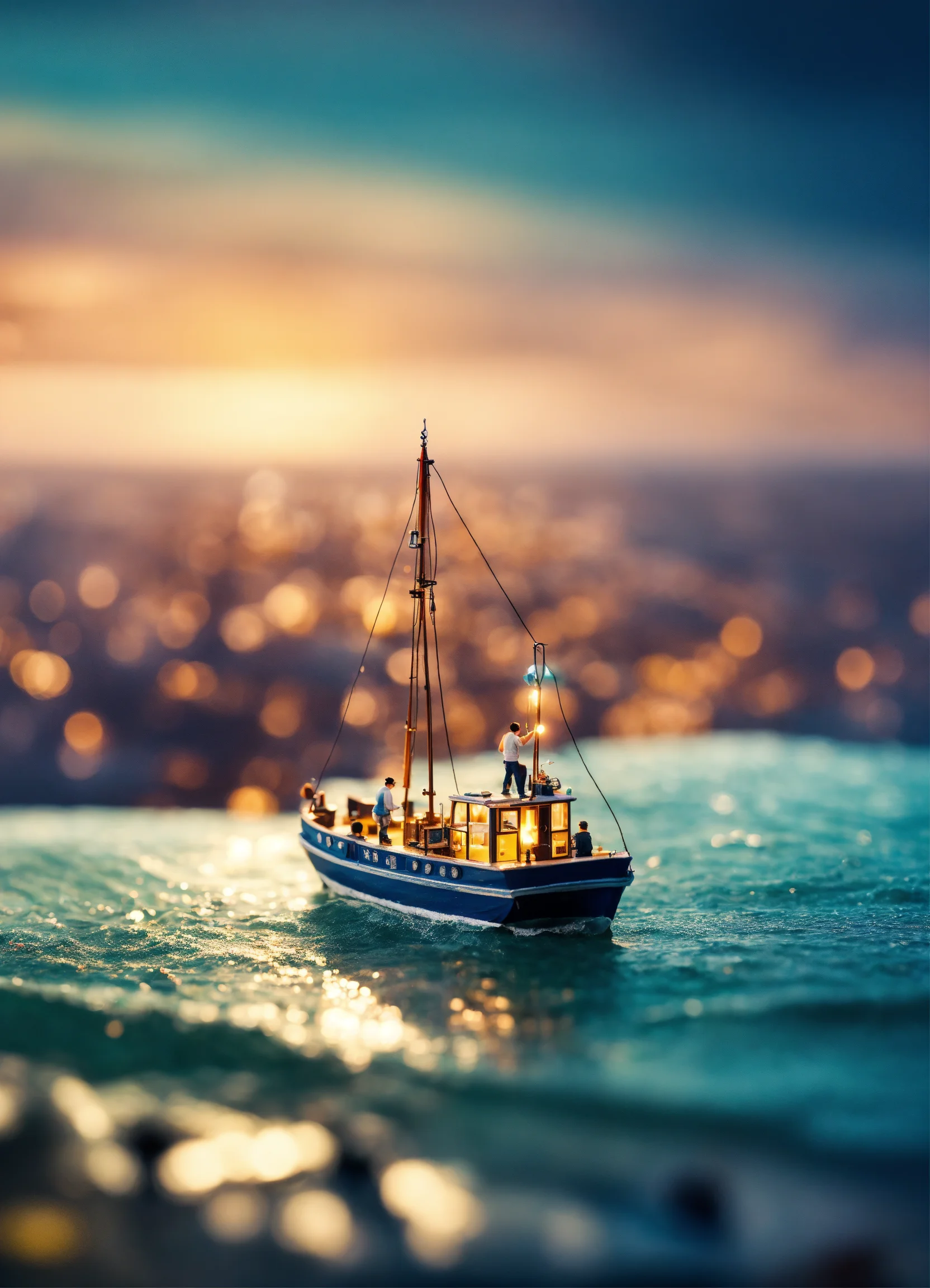 Lexica - Miniature sea and boat, tilt-shift photo of "people at work ...