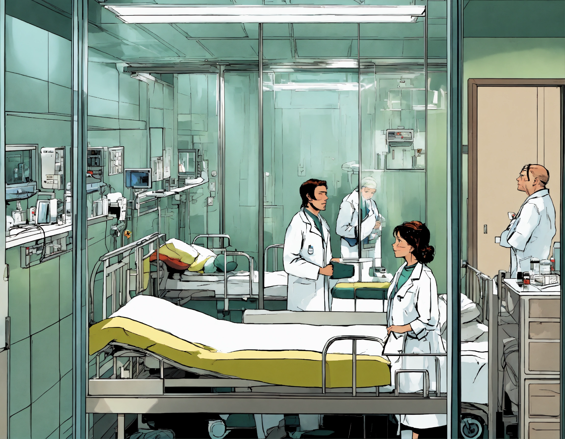 Lexica - Comic Show me a hospital room with a couple of people behind a ...