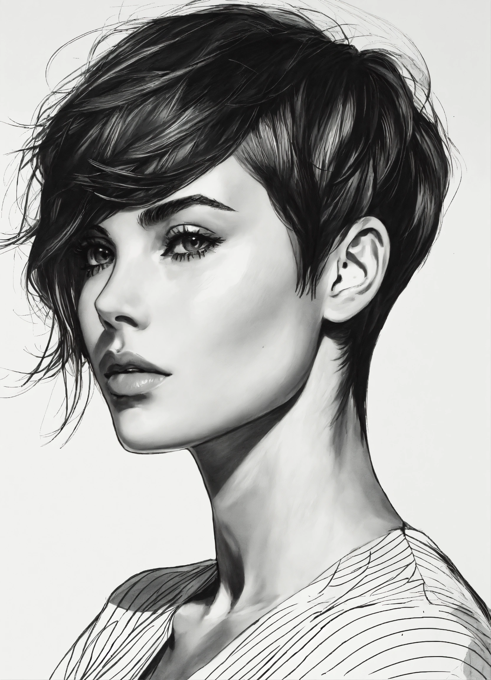 Lexica - Black and white line drawing, woman, pixie cut, upper body ...
