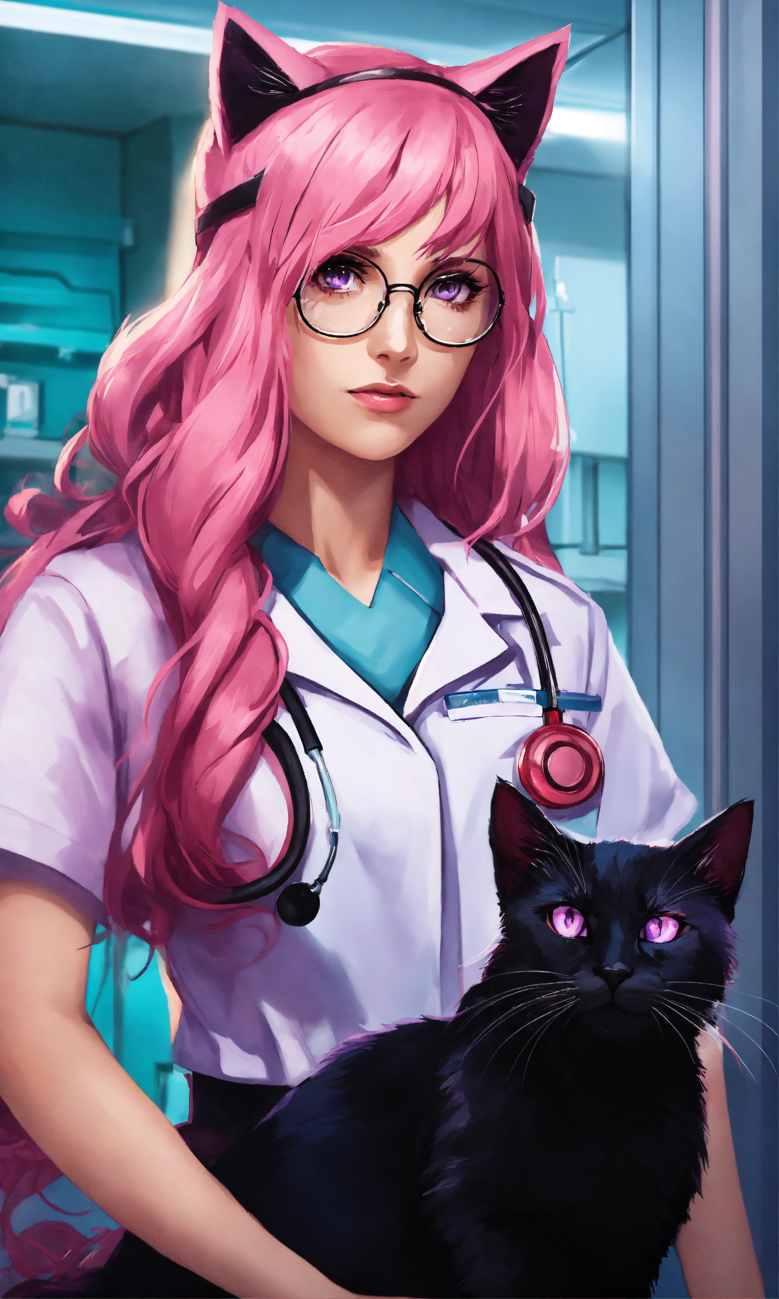 Lexica - Female doctor, with long pink hair, with black cat disguise on ...