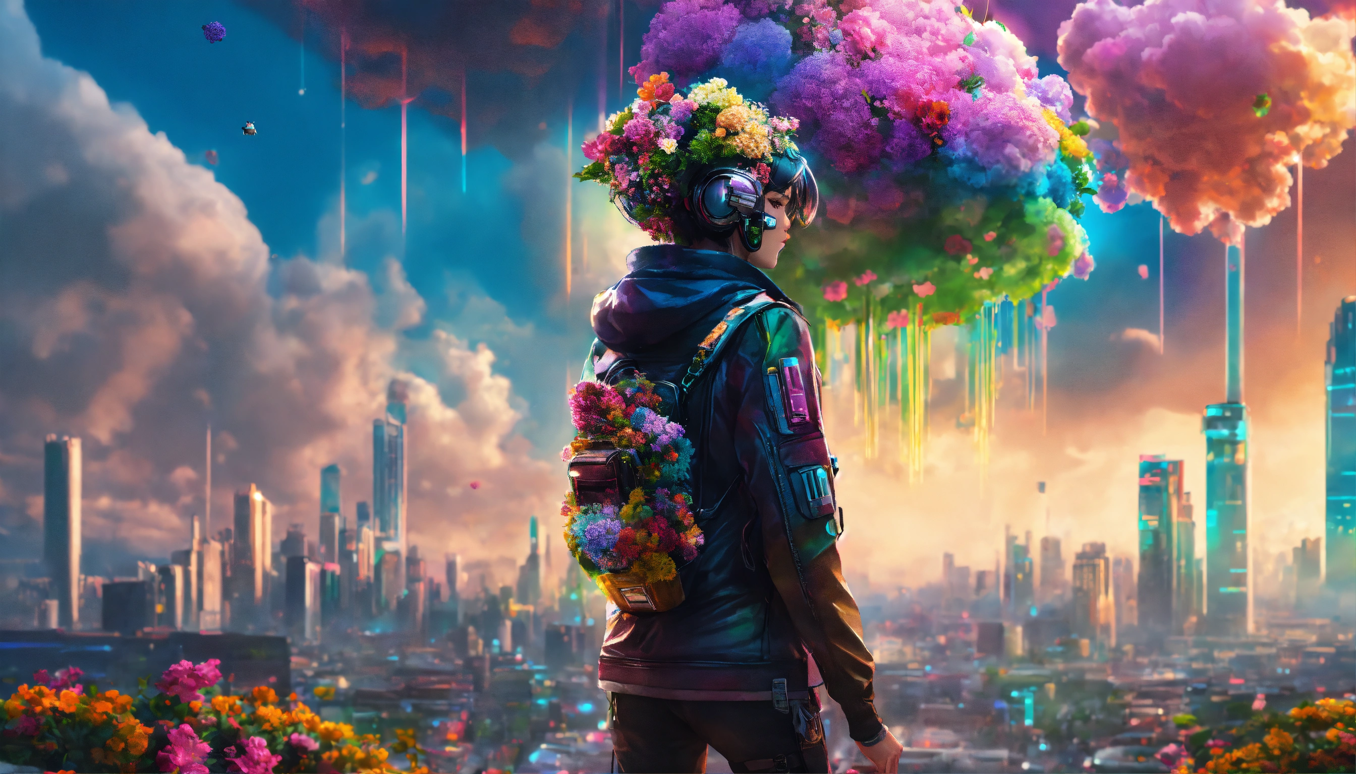 Lexica - Rainbow cyberpunk of a person in urban floral wear in a ...