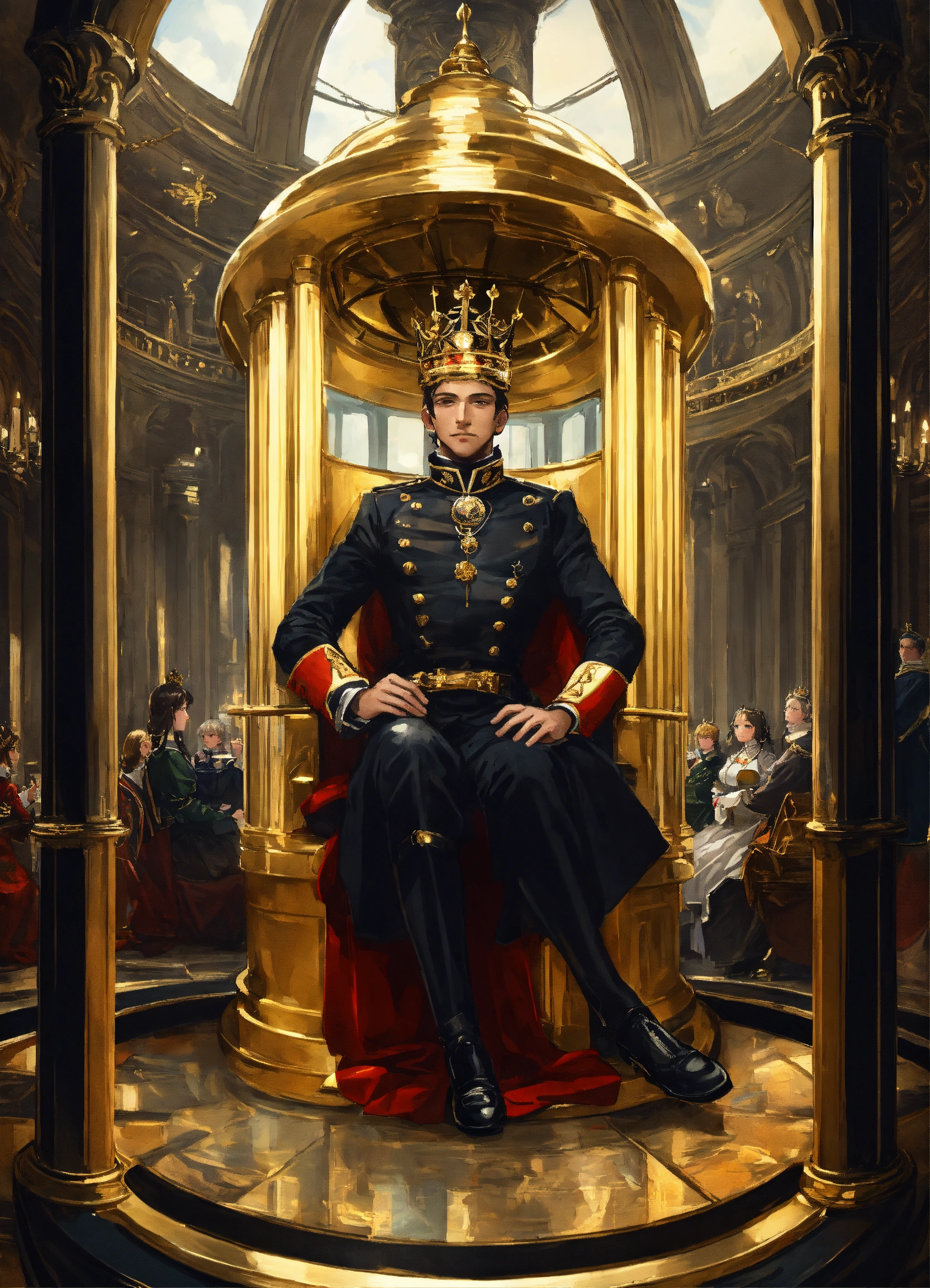 Lexica - Servants wearing black with Crown King sitting inside Flying ...