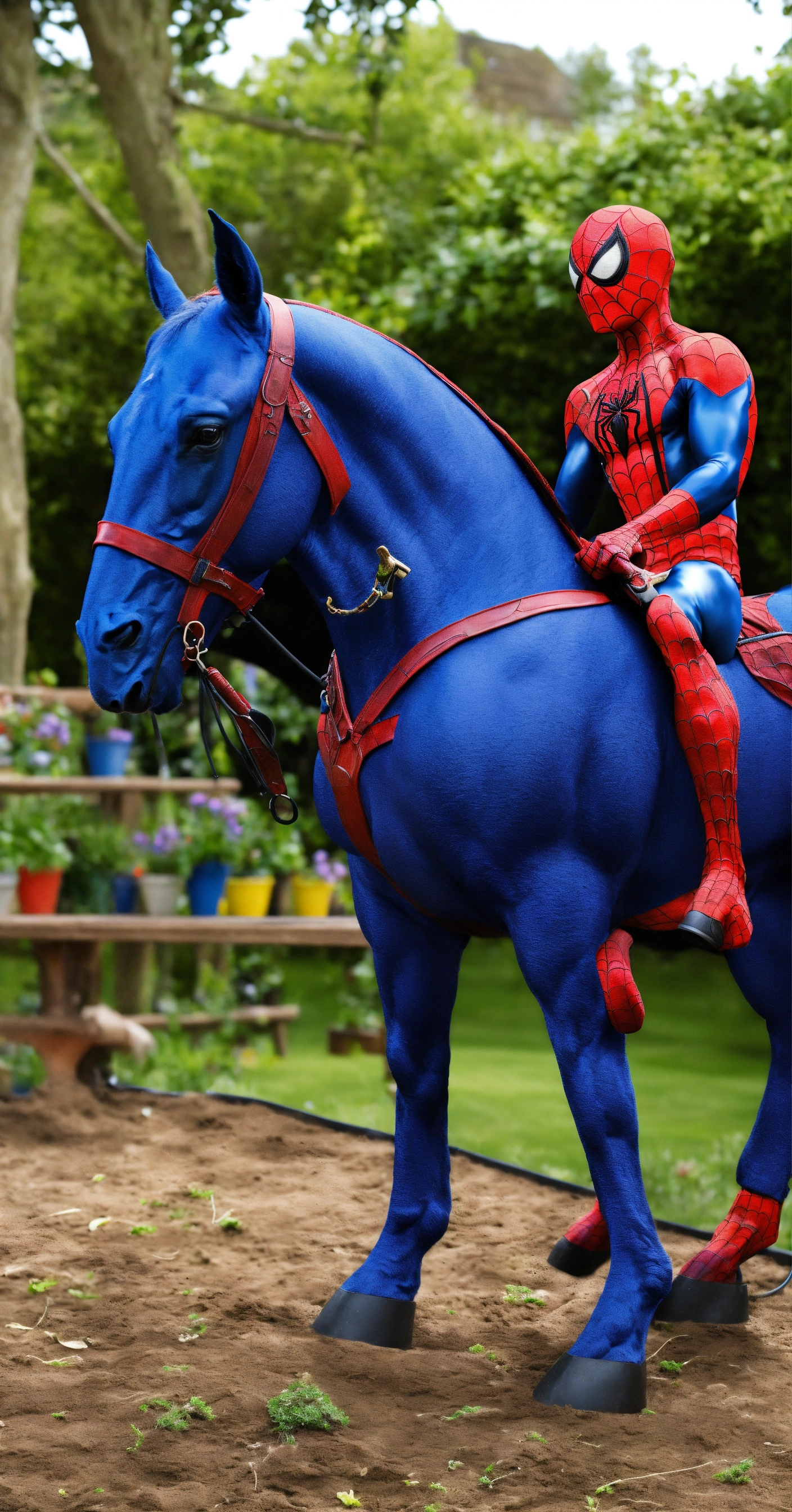 Lexica - Realistic, spiderman themed horse, in the garden, amazing ...