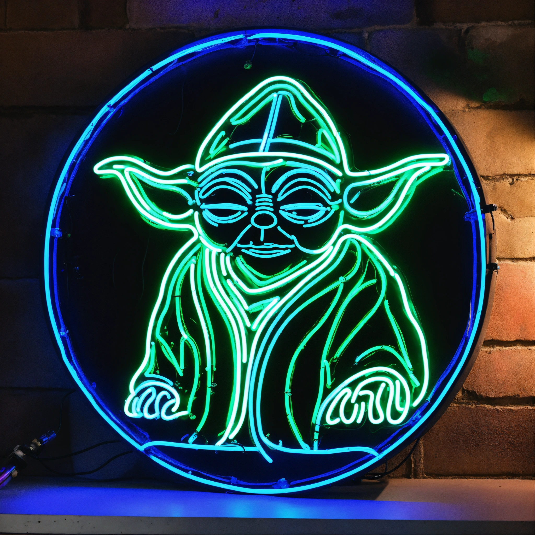 Lexica - A rounded neon sign with Master Yoda and cannabis on it