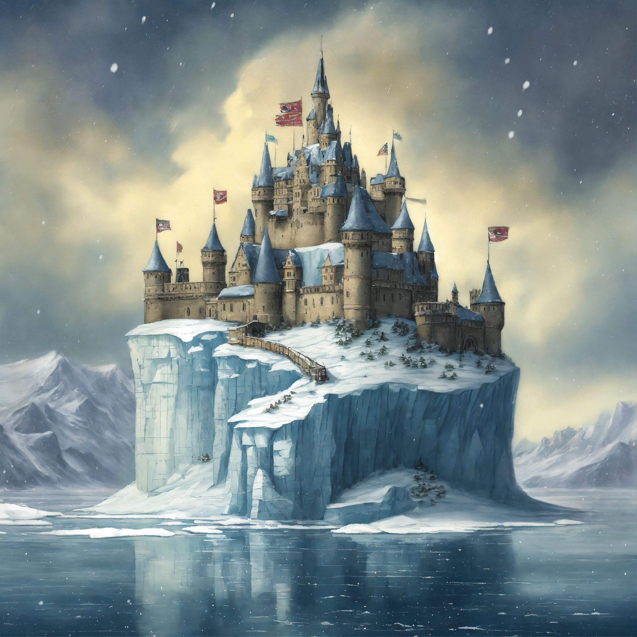 Lexica - A detailed illustration of a castle on a floating iceberg in a ...