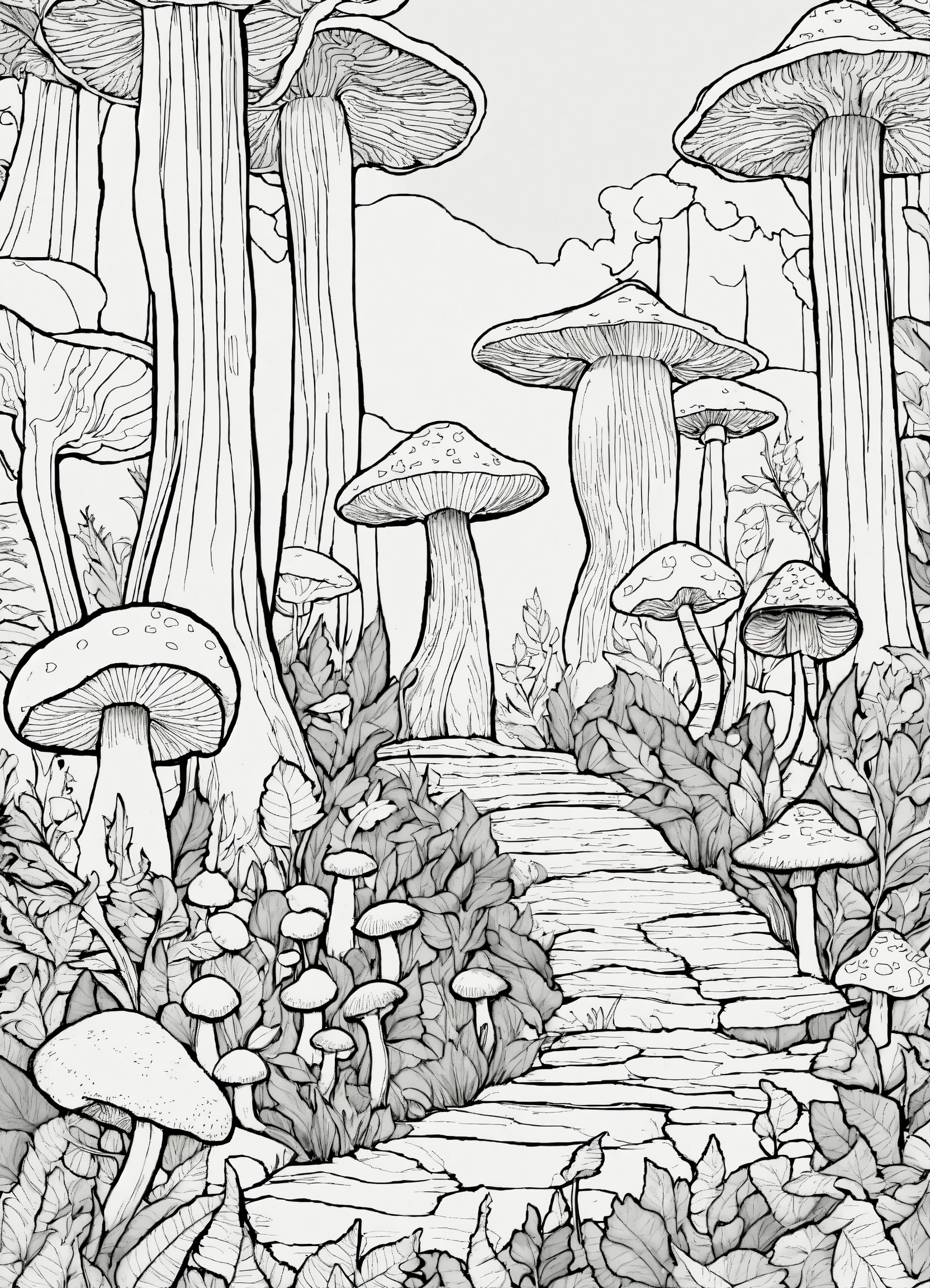 Lexica - Design a coloring page featuring a variety of mushrooms in a ...