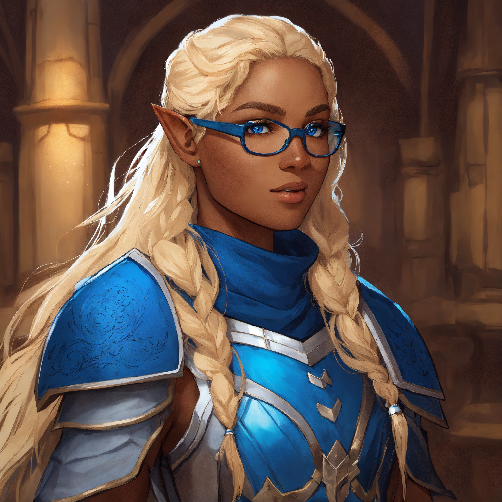 Lexica - A very brown skinned half elf woman, wearing glasses with deep ...