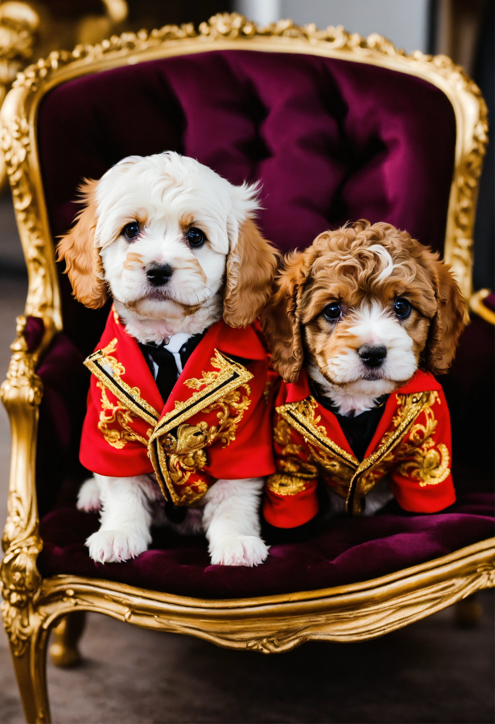 Lexica - 2 Cockapoo snow white puppies wear Versace suits.