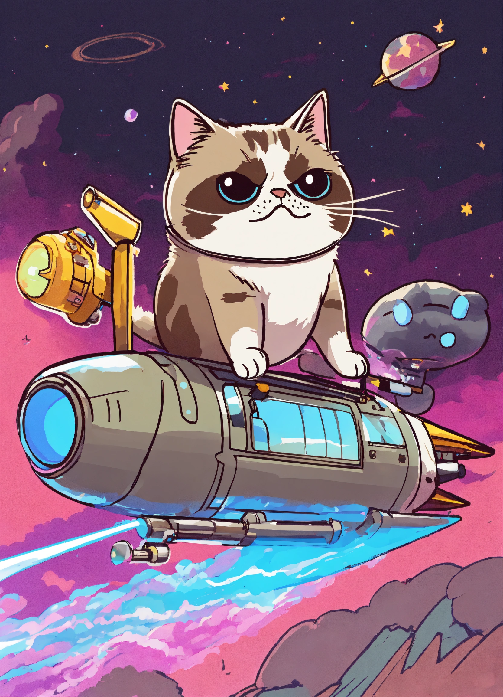 Lexica - A image of Excited grumpy cat riding a powered rocket, art as ...