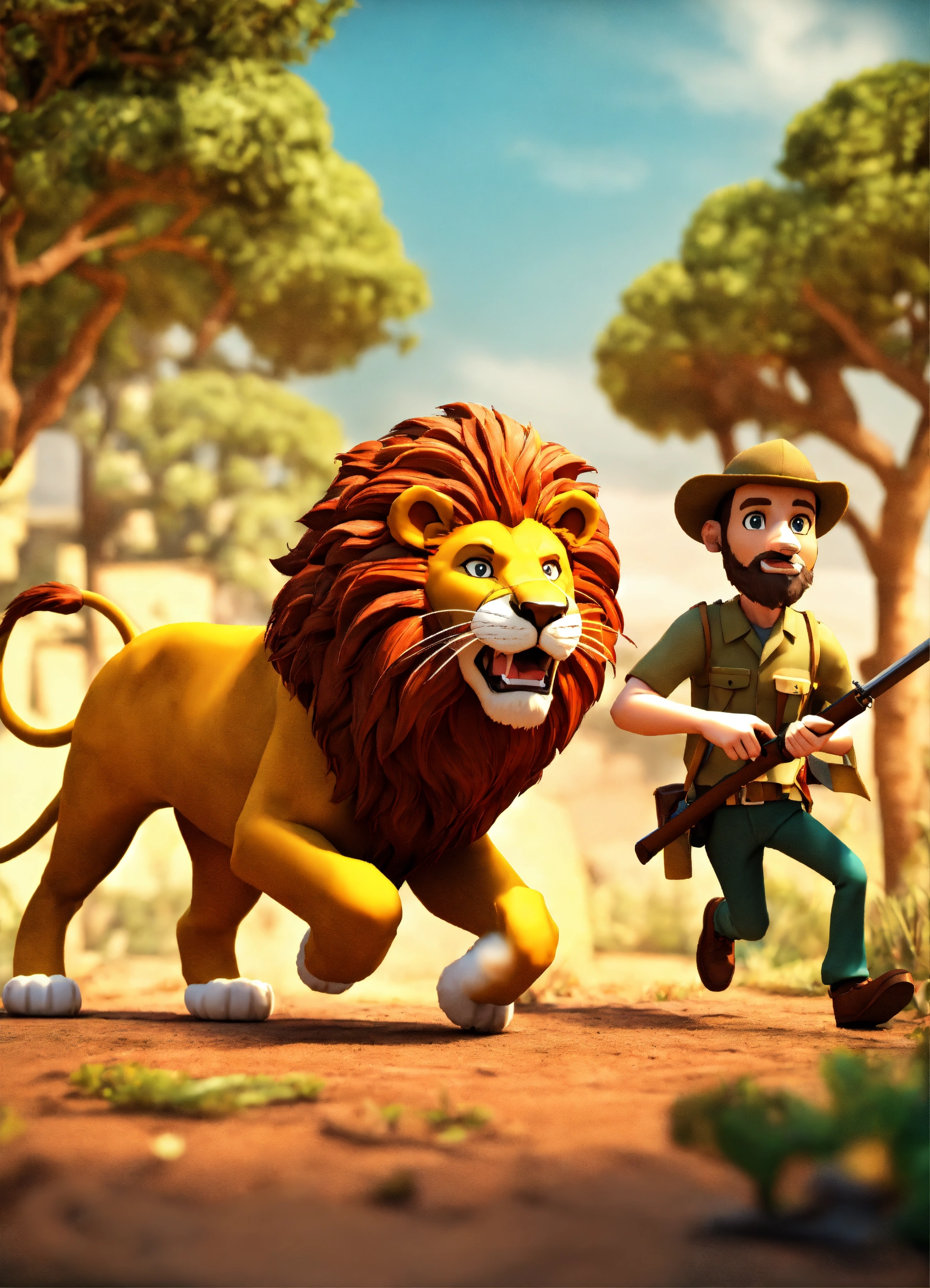 Lexica - 3d cartoon lion chasing men hunters