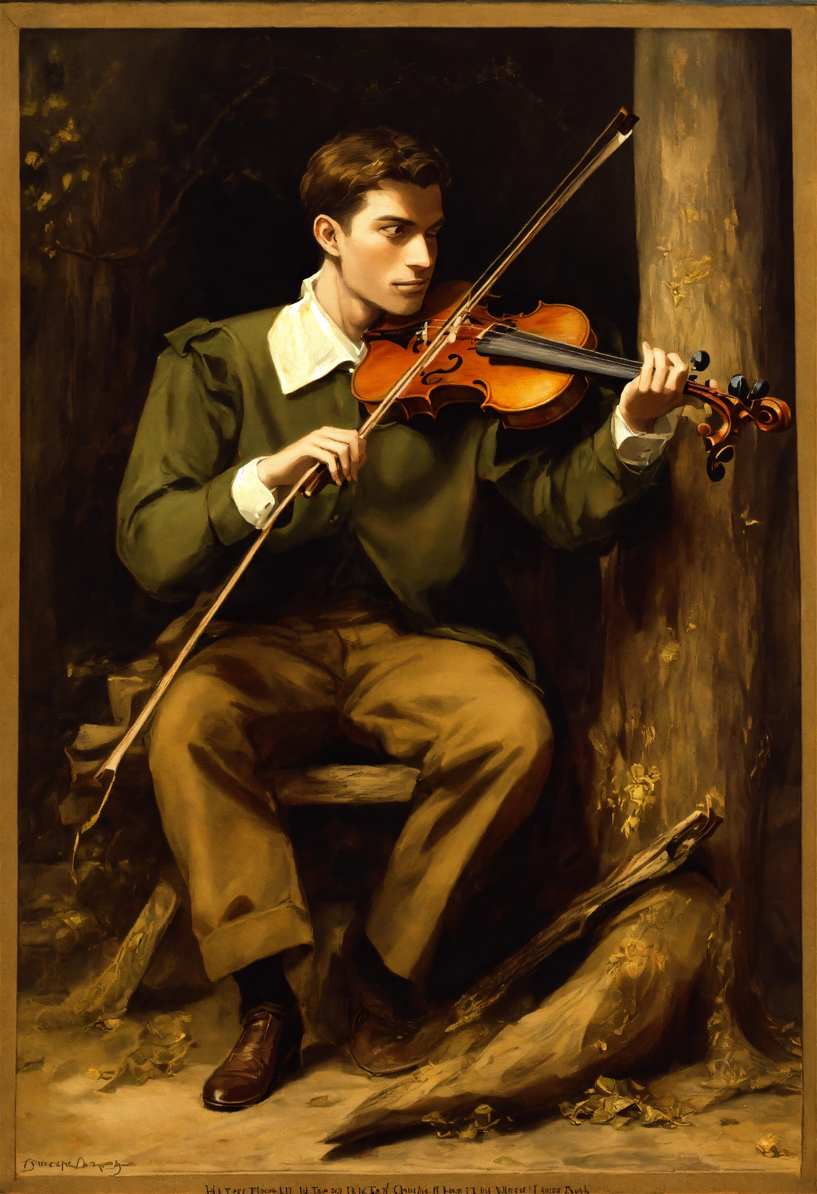 Lexica - A young man is rosining up his violin bow as the devil sits on ...