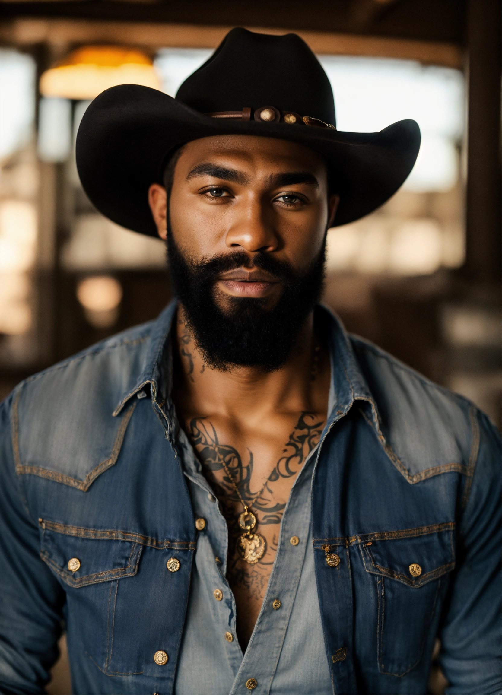 Lexica - Black man, cowboy hat, beard, tattoos, hazel eyes, jean shirt ...