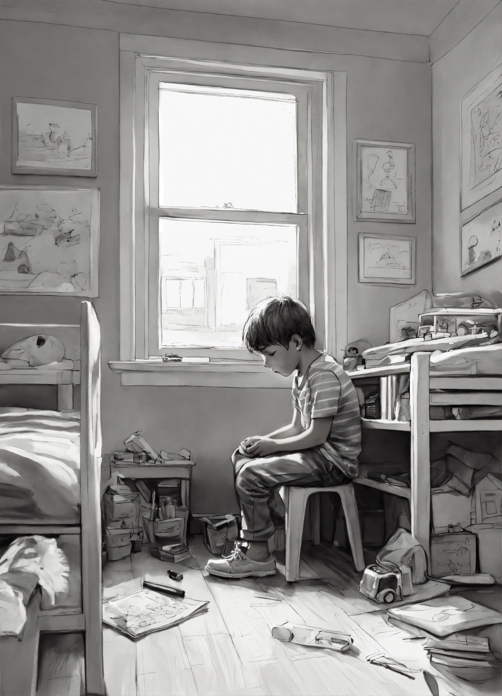 Lexica - Realistic sketch of a frustrated child alone in his childroom