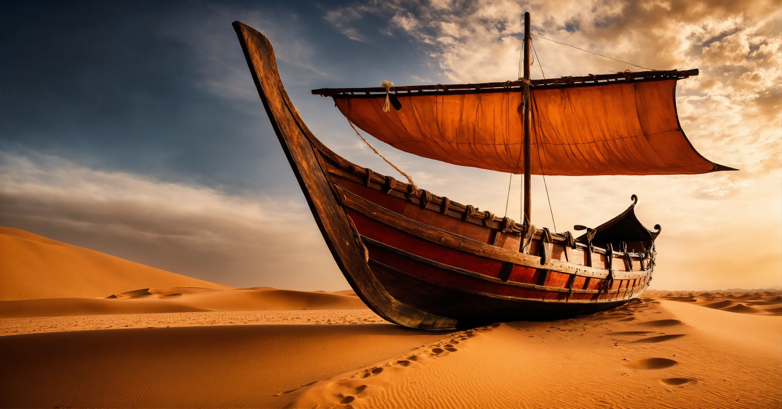 Lexica - A luxurius viking oar boat sail in the sahara desert, strong ...