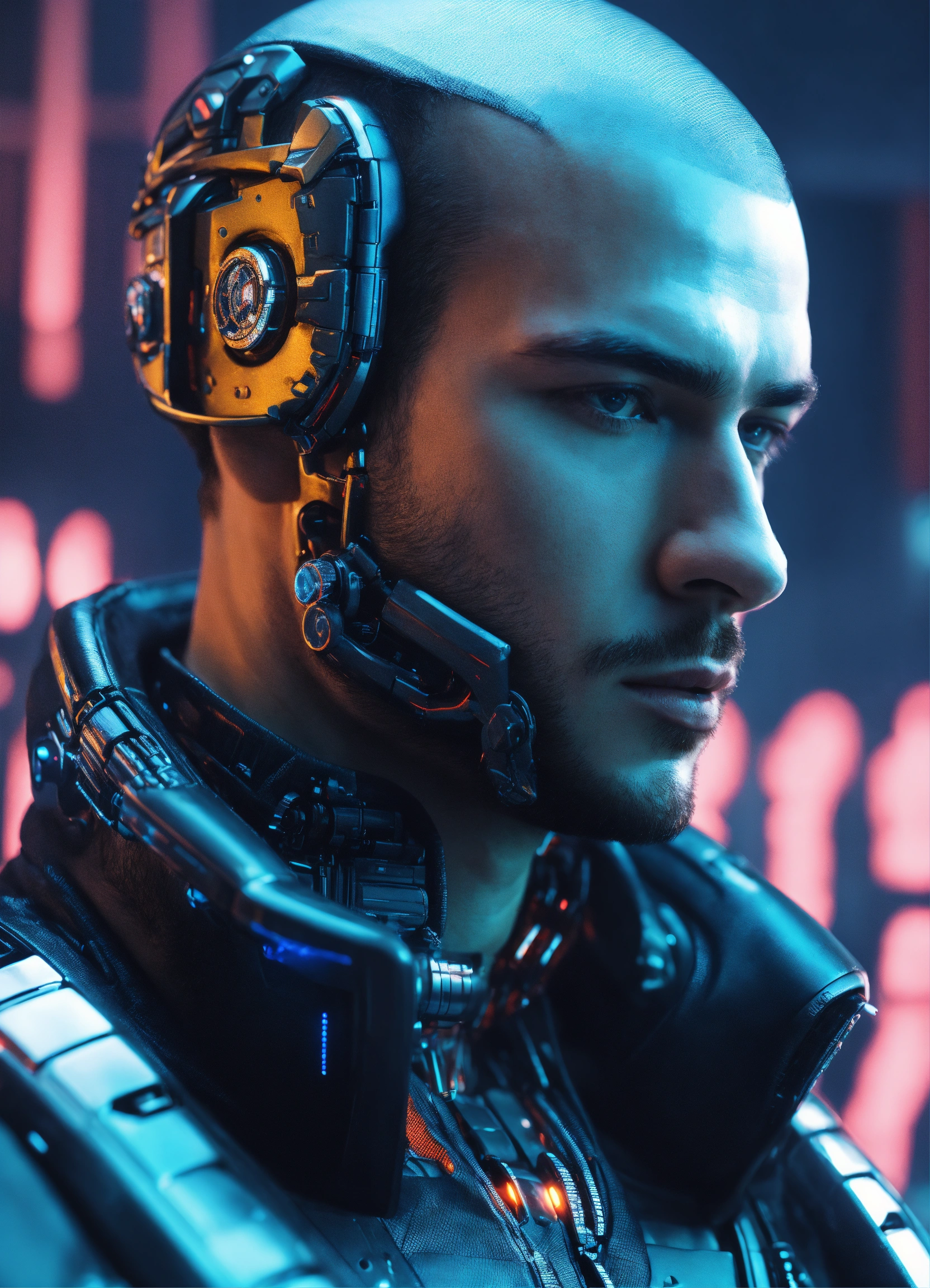 Lexica - Portrait of cybernetic brutal man, futuristic meeting room ...