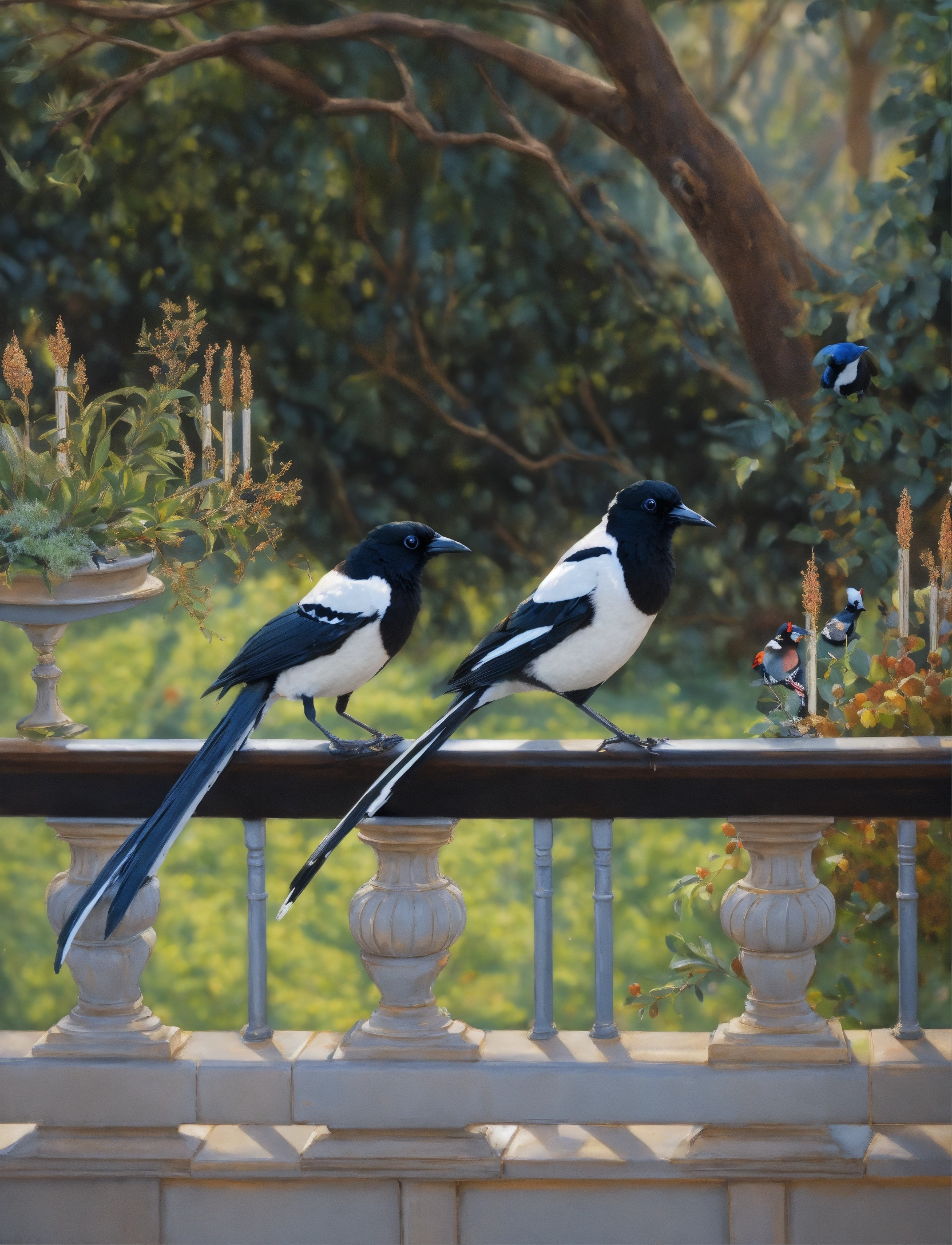 Lexica - 2 magpies facing another magpie, standing on a balcony rail ...