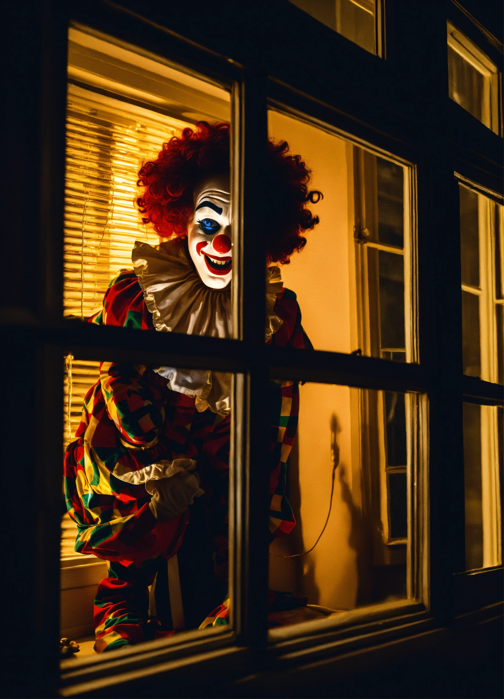 Lexica - A porcelain clown looking into a bedroom window at night.