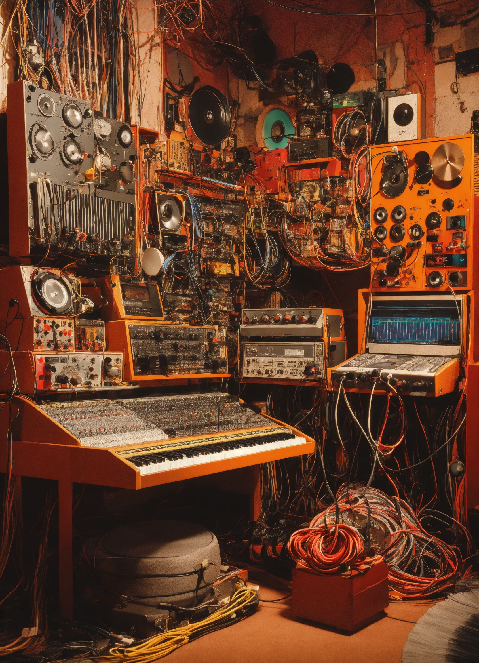 Lexica - Close up photography, of machines, synthetizer, cables, wires ...