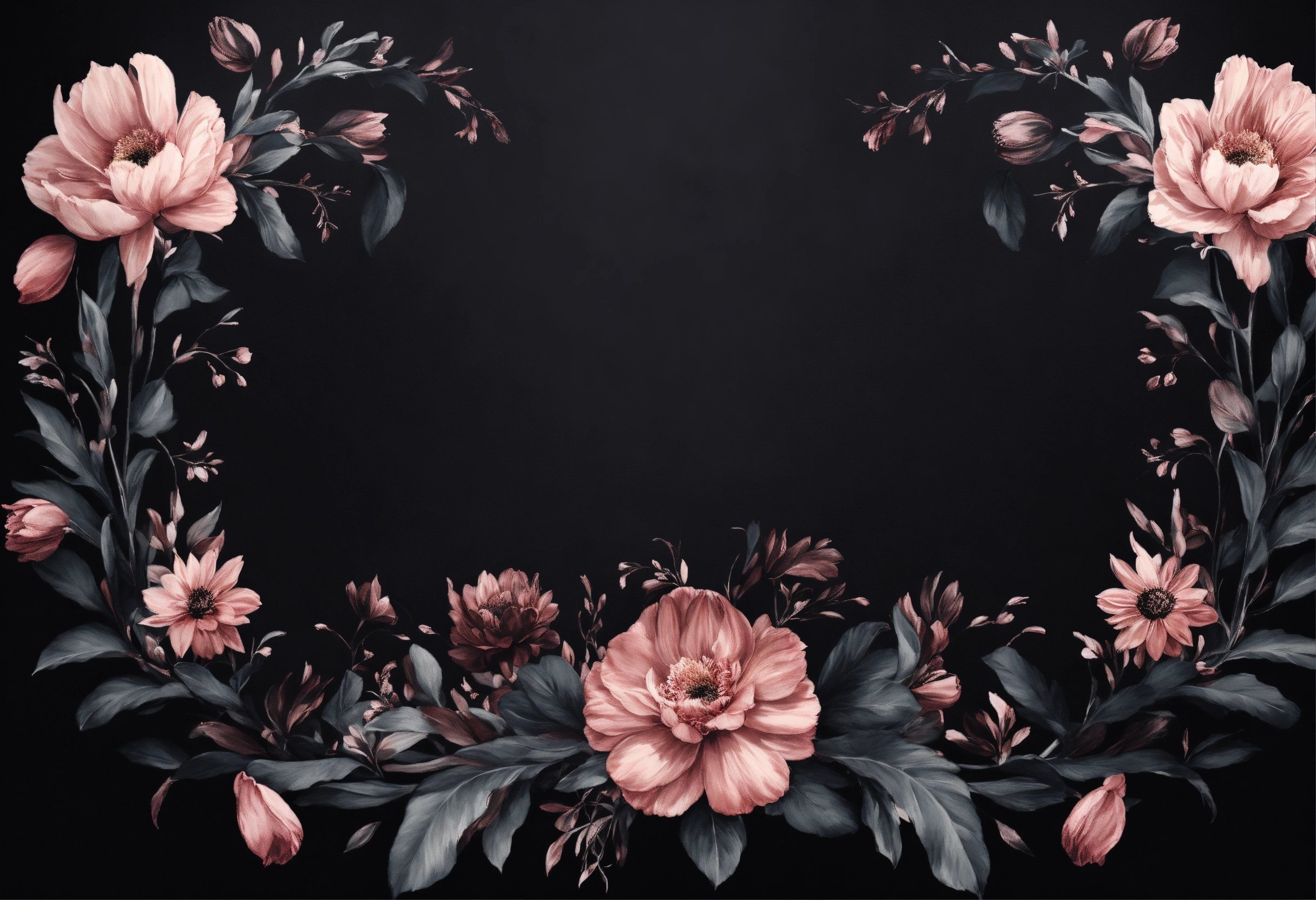 Lexica - Create a feminine, dark floral design frame using a black ...