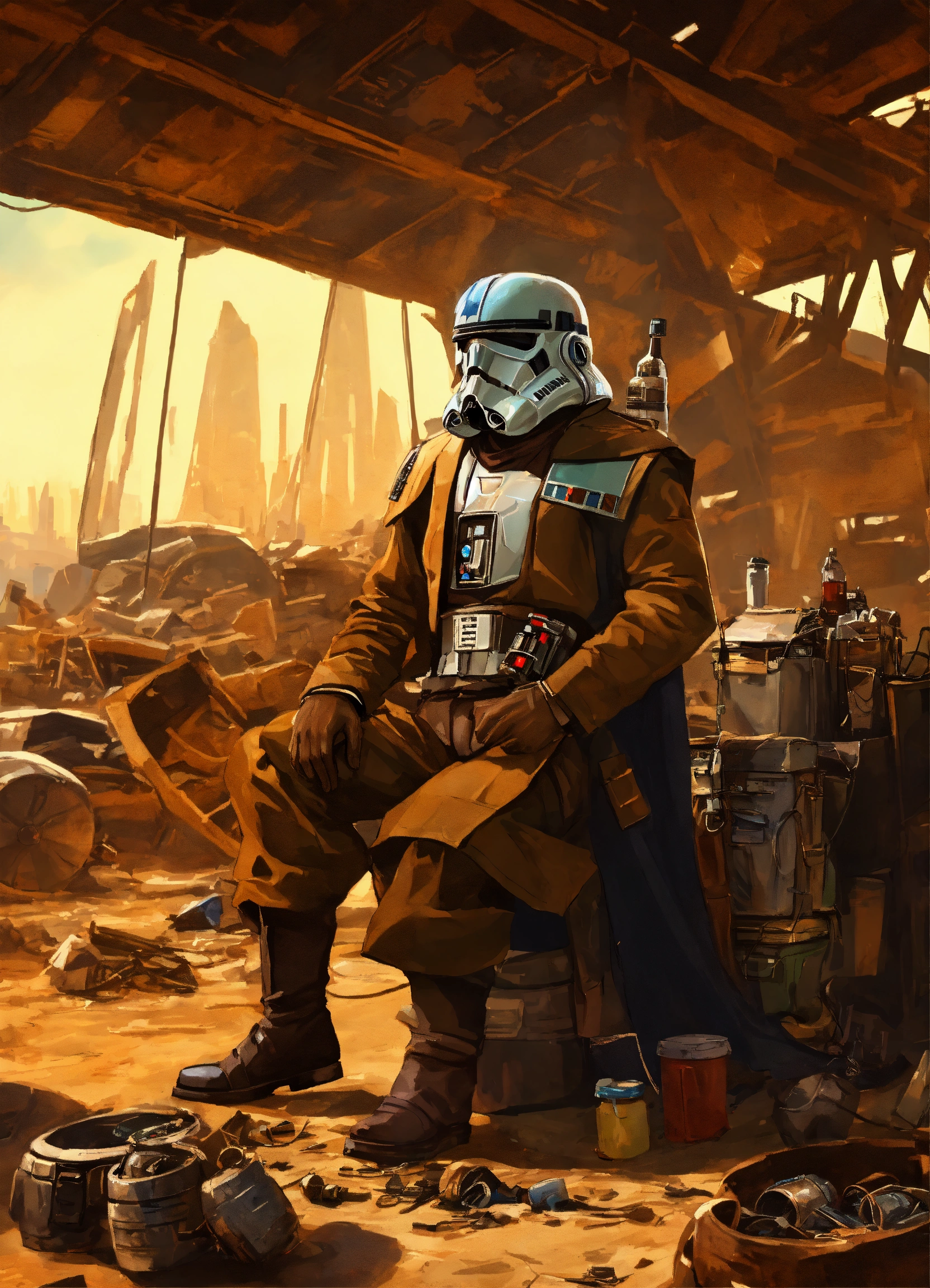 Lexica - Digital art of a male junk trader in a Star Wars scrapyard.